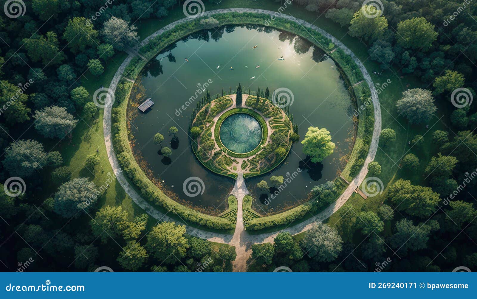 Aerial View of a Large Round Park Surrounded by a Pond and a Forest ...
