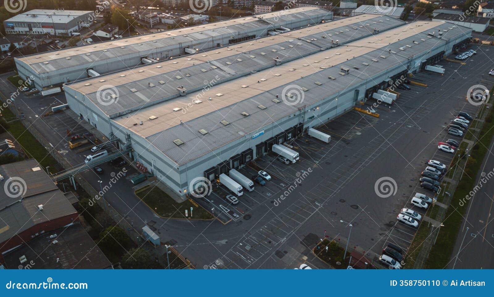 Aerial View of a Large Warehouse Complex with a Grey Roof, Multiple ...