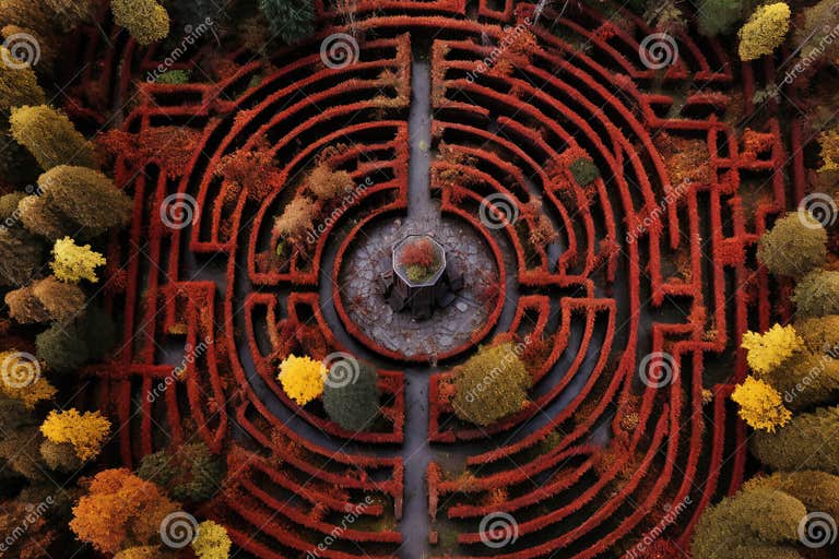 Aerial View of a Leaf-covered Labyrinth Design Stock Photo - Image of ...