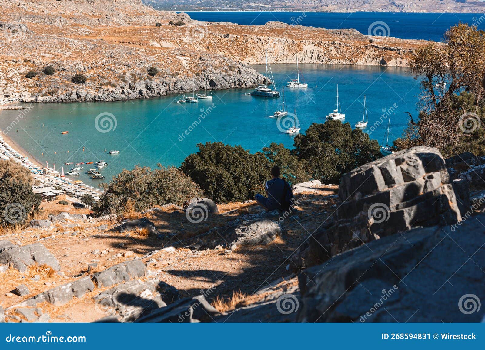 Aerial View of Lindos Beach with Boats in Greece Stock Image - Image of ...