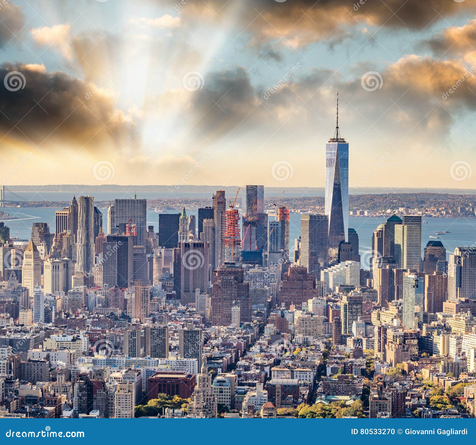 Aerial View of Lower Manhattan at Sunset Stock Photo - Image of sunset ...
