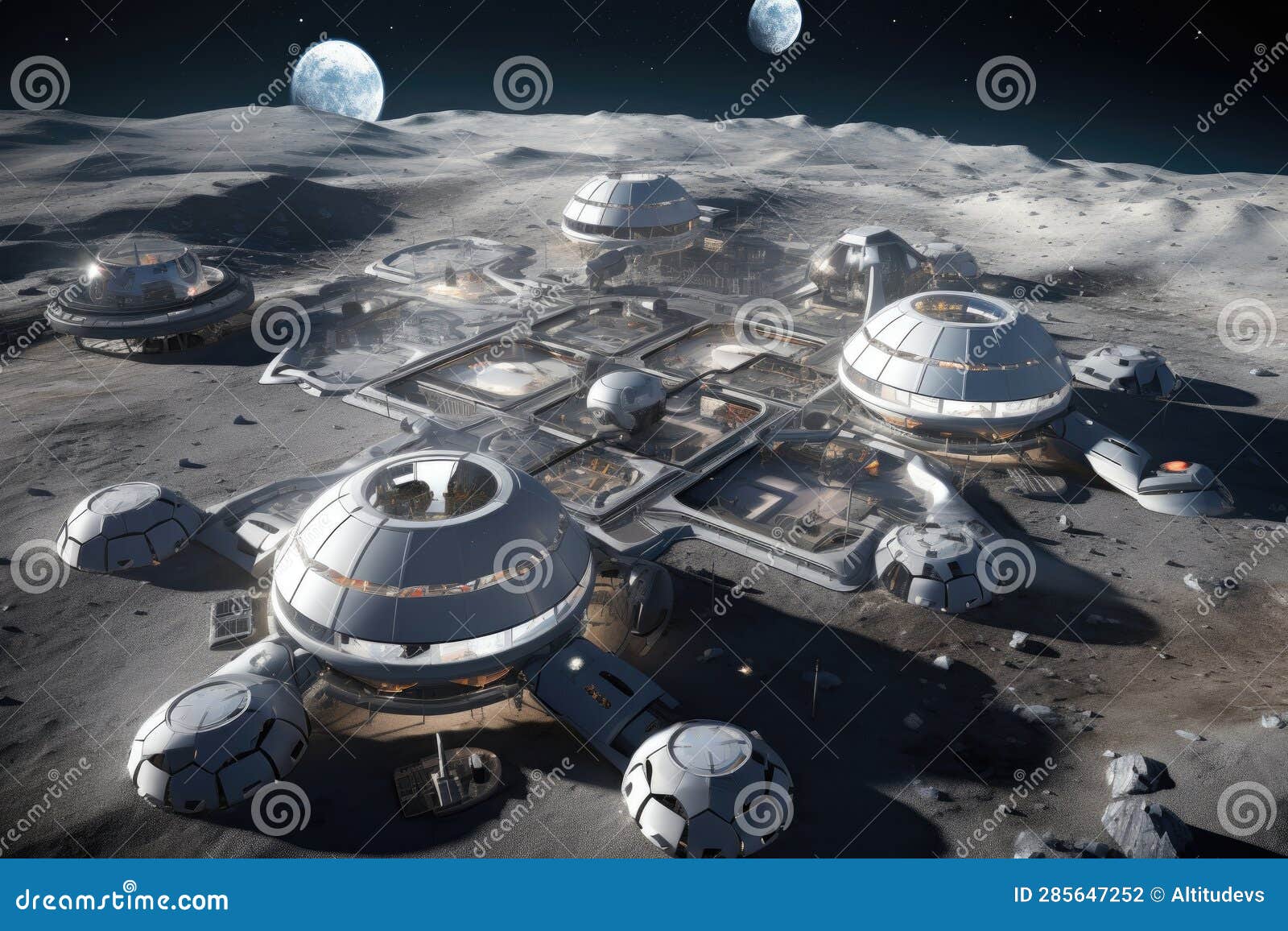 Aerial View of a Lunar Base with Interconnected Modules Stock Photo ...