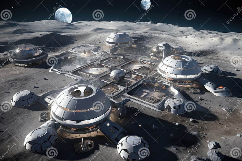 Aerial View of a Lunar Base with Interconnected Modules Stock ...
