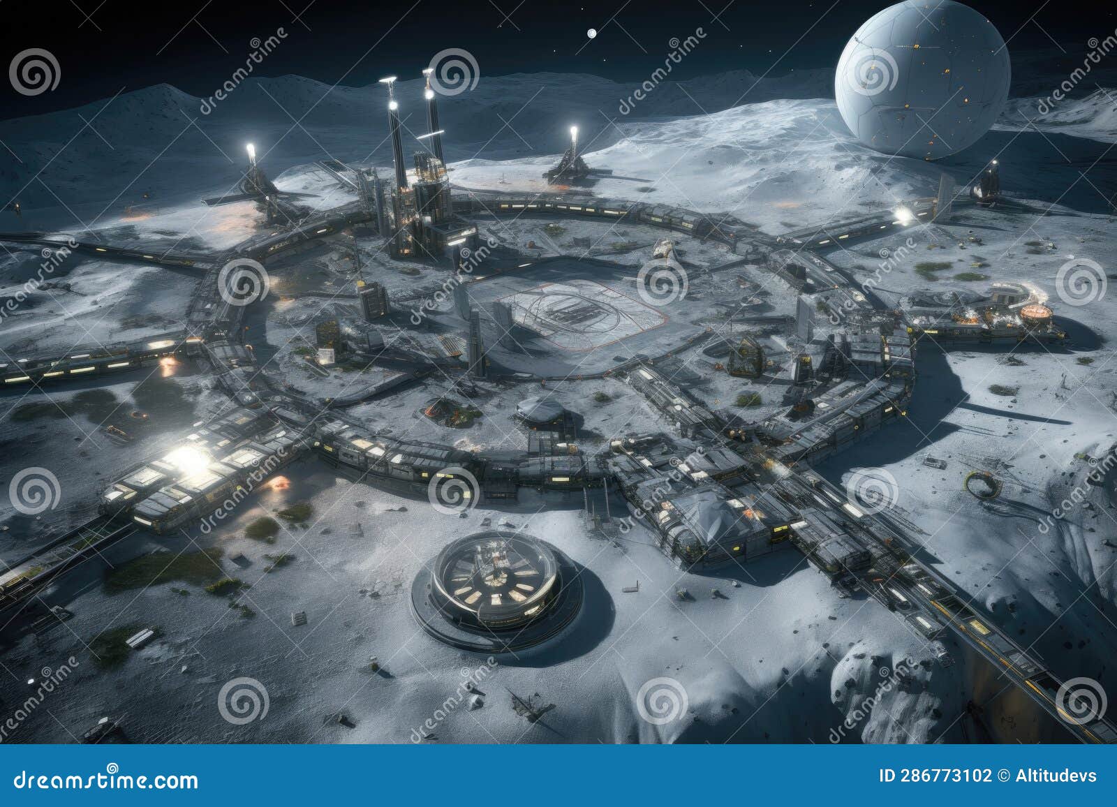 Aerial View of a Lunar Base with Interconnected Modules Stock ...