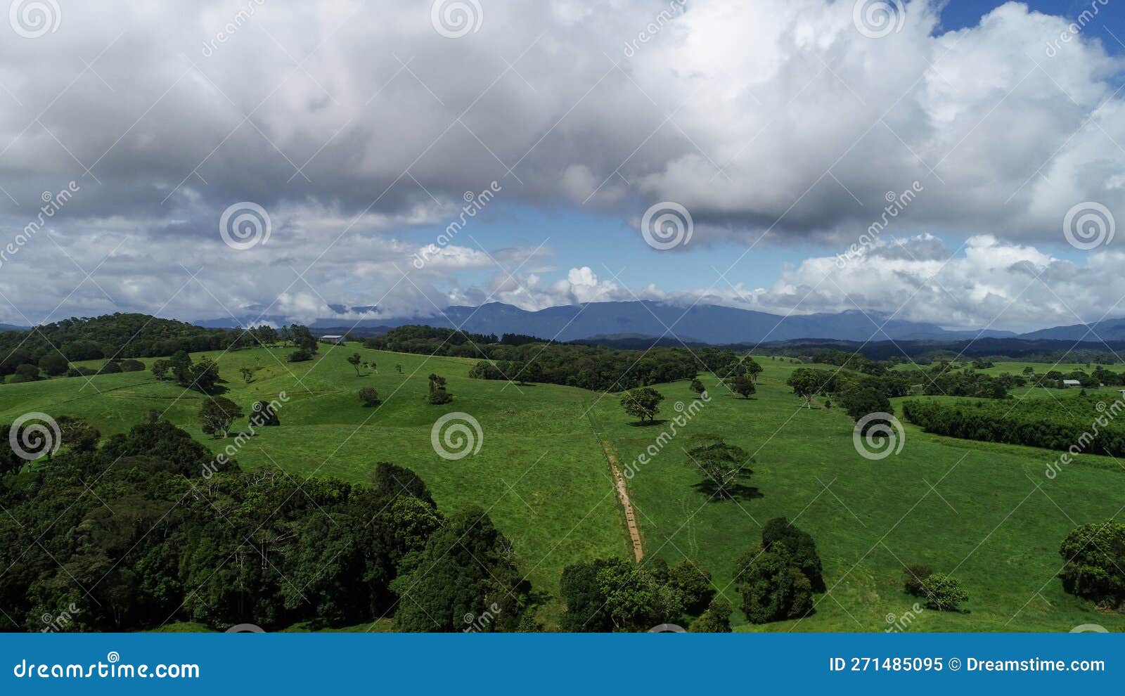 Aerial View of Lush Green Fields with a Mountain Backdrop Stock Image ...