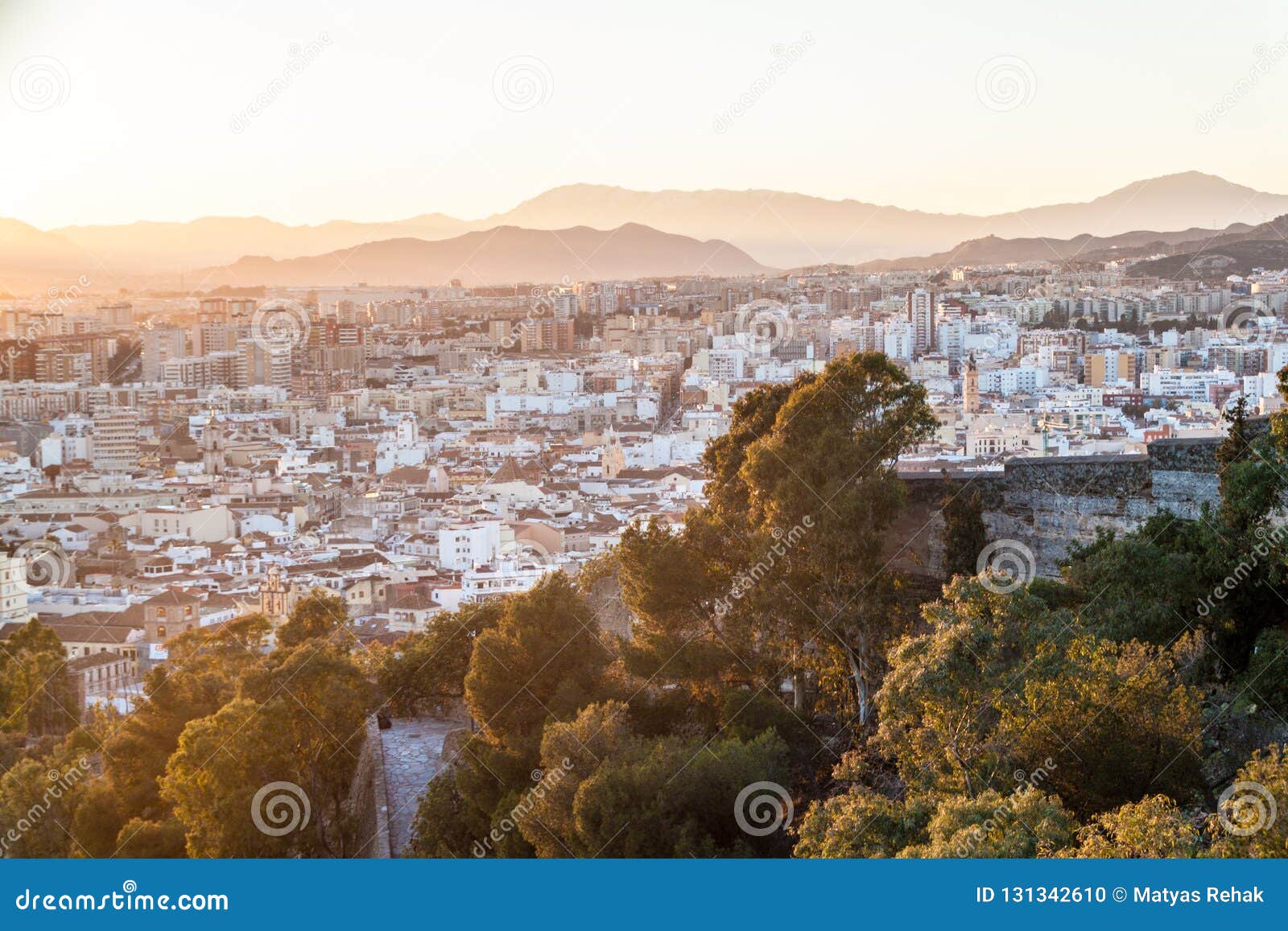 Aerial View of Malaga during Sunset Stock Photo - Image of historic ...