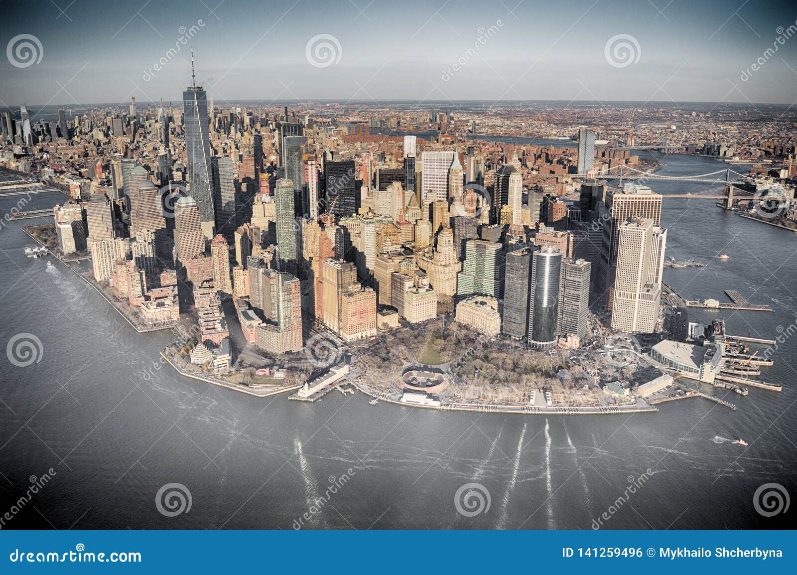 Aerial view of Manhattan stock photo. Image of cityscape - 141259496