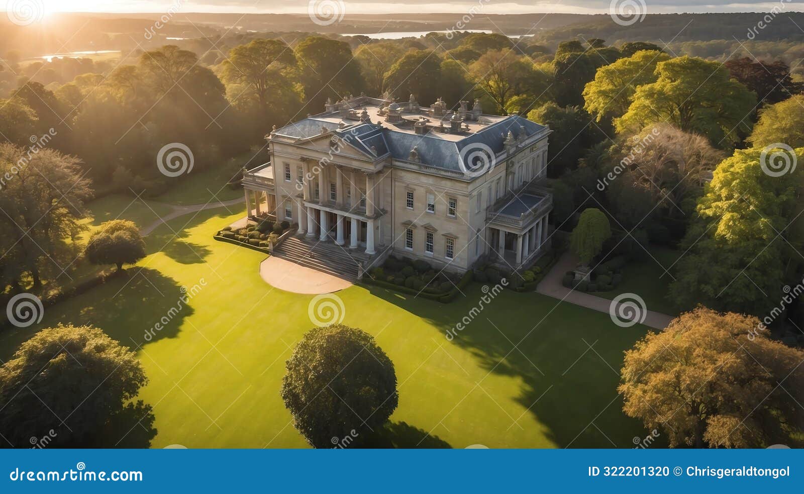 Aerial View of Mansion House with Dramatic Sun Lighting and a Ai ...
