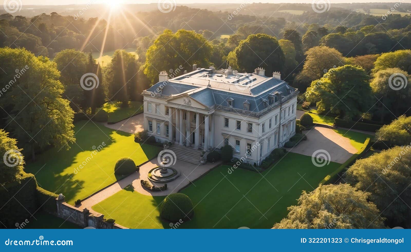Aerial View of Mansion House with Dramatic Sun Lighting and a Ai ...