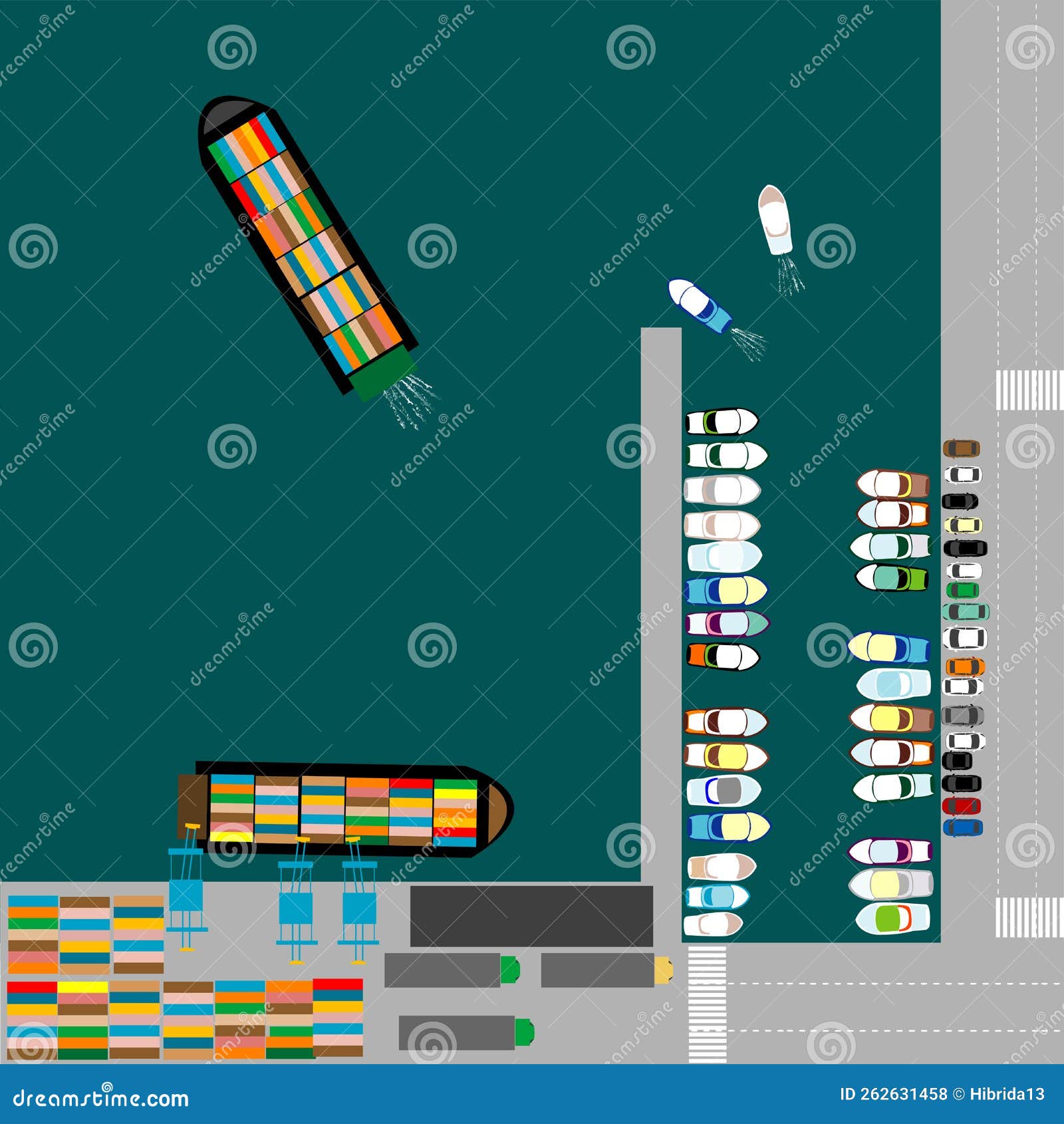 Aerial View of Maritime Port with Cargo Ships and Yachts Stock Vector ...