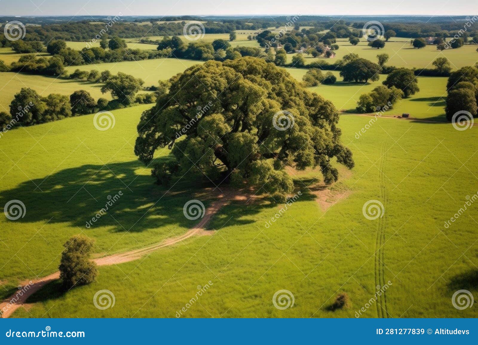 Aerial View of Massive Oak Tree in Green Field Stock Illustration ...
