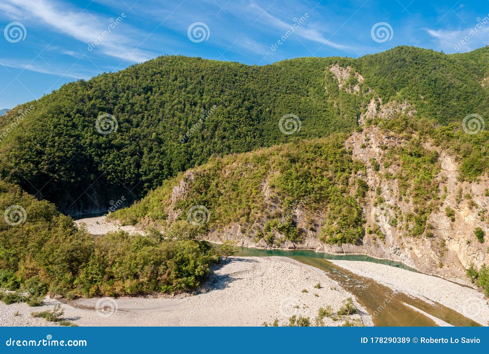 Aerial View of a Meander of the River Trebbia during the Summer Emilia ...