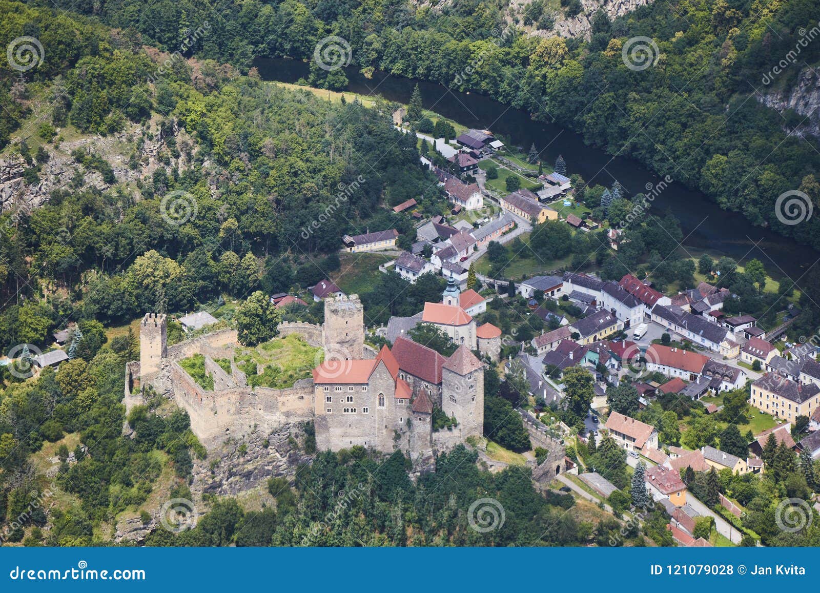 Aerial View of Medieval Castle Hardegg with River Dyje in Austria ...