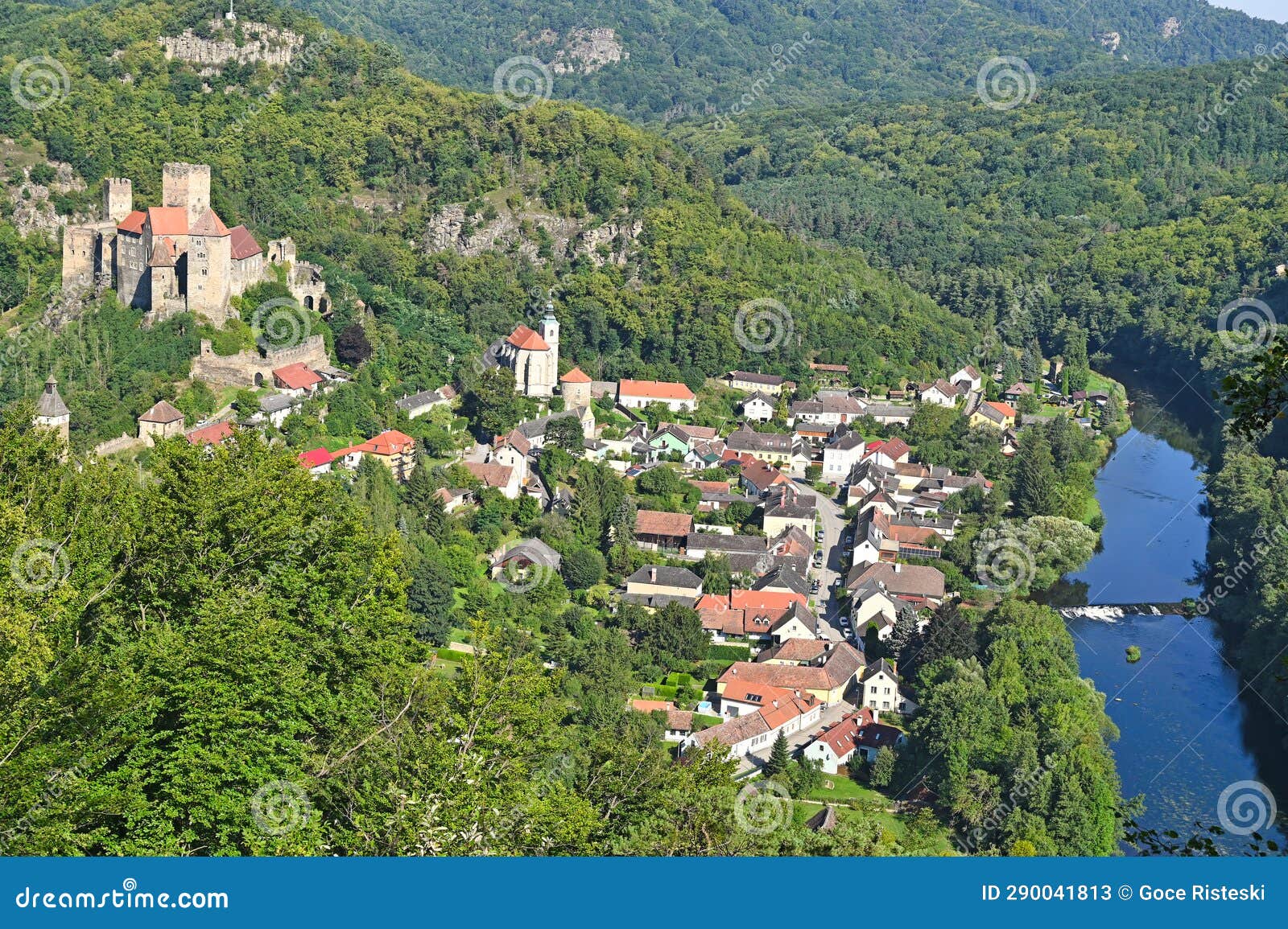 Aerial View of Medieval Castle Hardegg and Town with River Dyje Stock ...