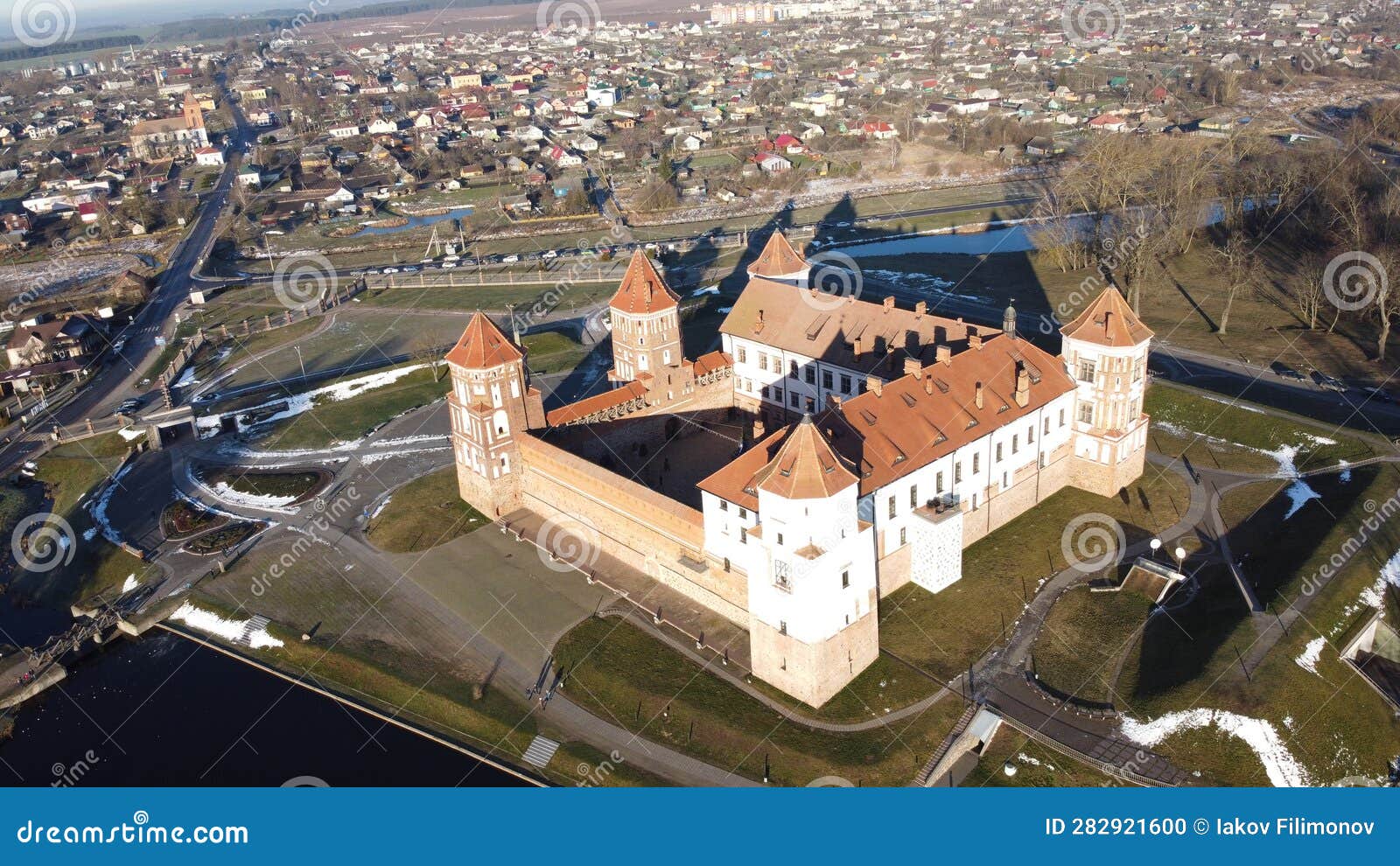 Aerial view of Mir Castle stock photo. Image of tower - 282921600