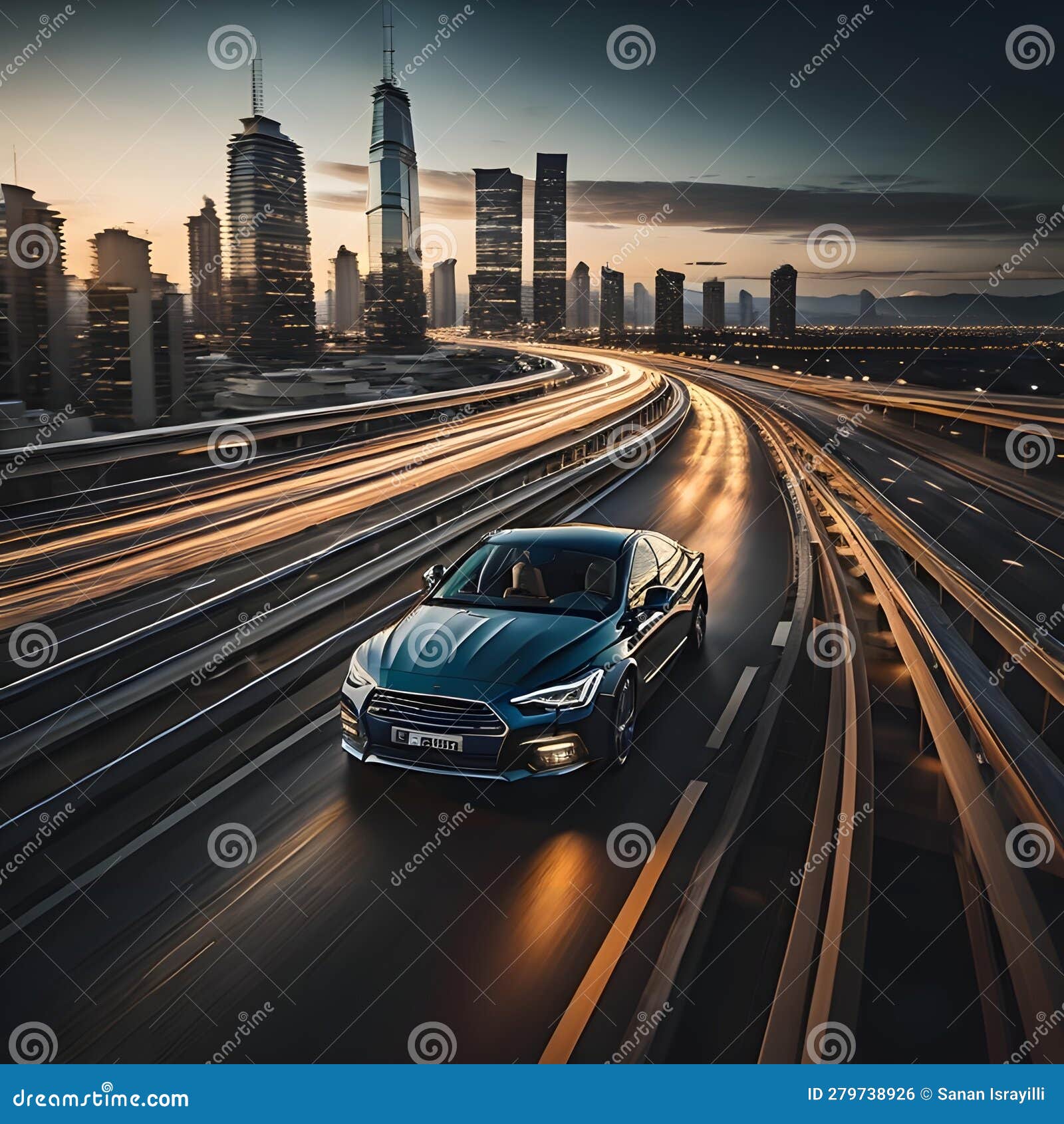 Aerial View of a Modern Car Driving on Highway with Motion Blur. Ai ...