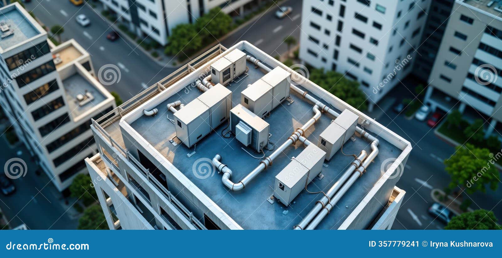 Aerial View of Modern Office Building Rooftop HVAC System. Complex Air ...
