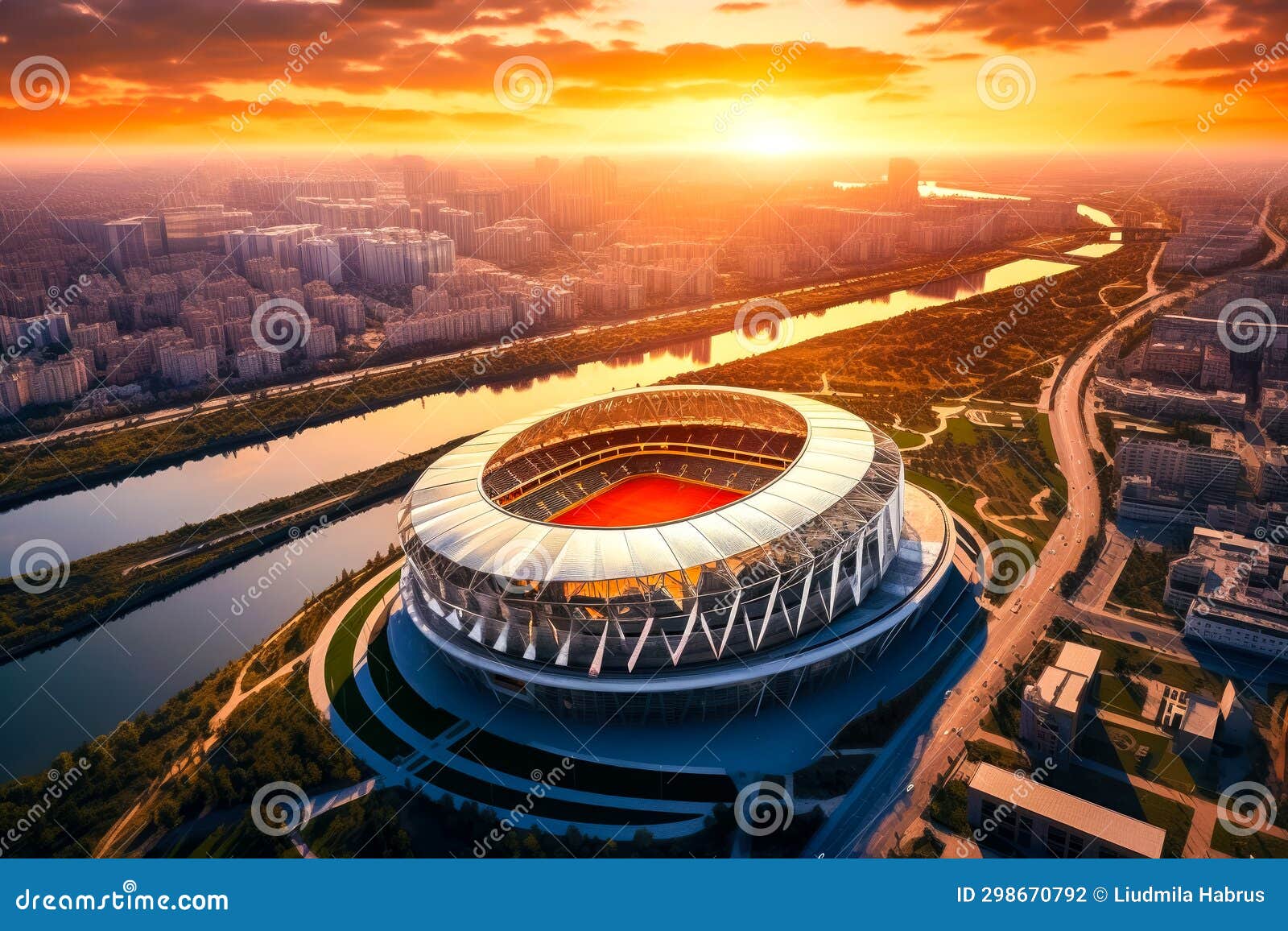 Aerial View of the Modern Stadium at Sunset Stock Photo - Image of ...