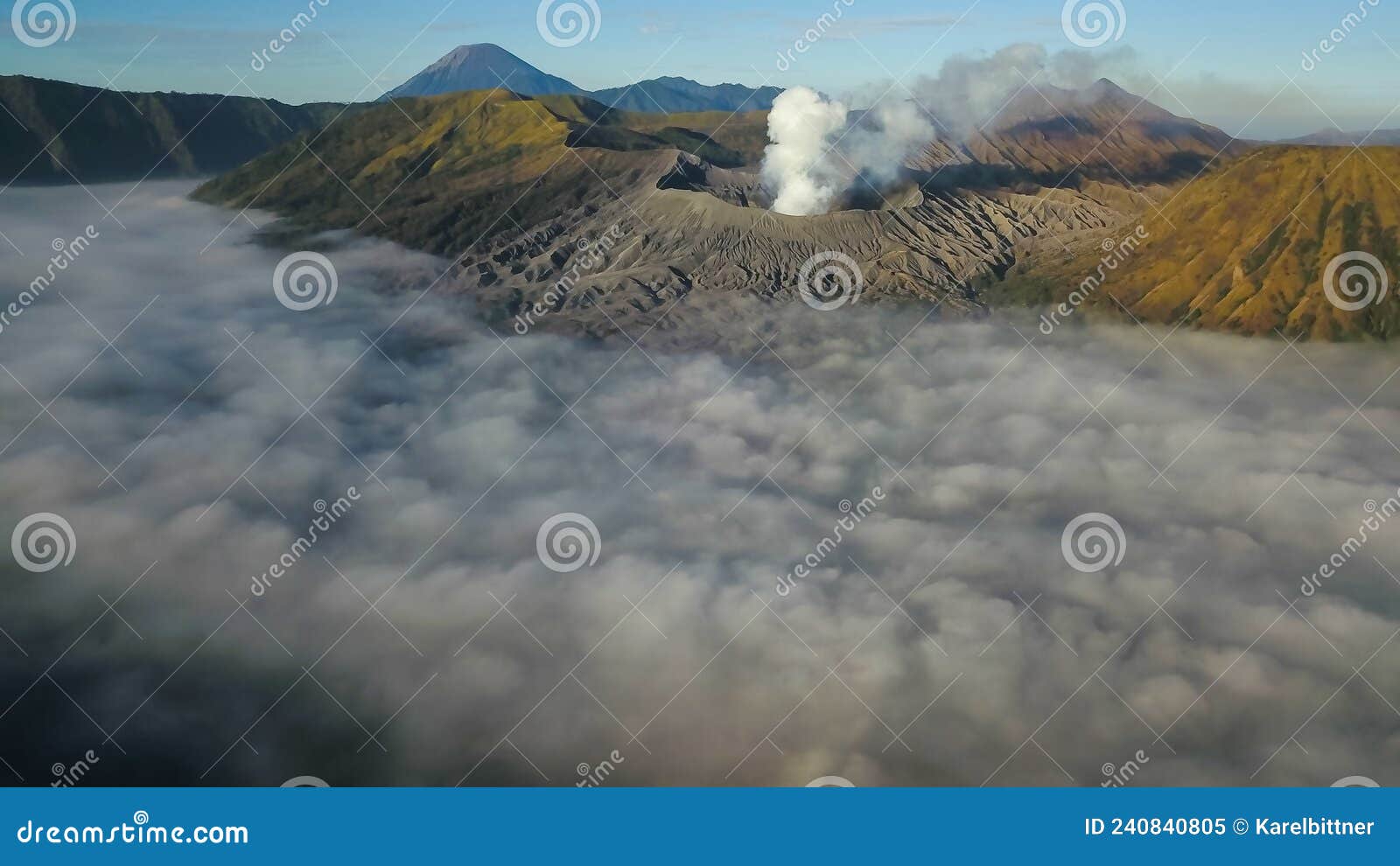 Aerial View of Mount Bromo Volcano Covered with Thick Mist at Sunrise ...
