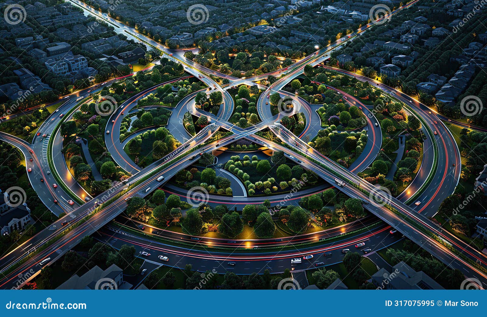 Aerial View of a Multi-level Highway Interchange with Curving Ramps ...