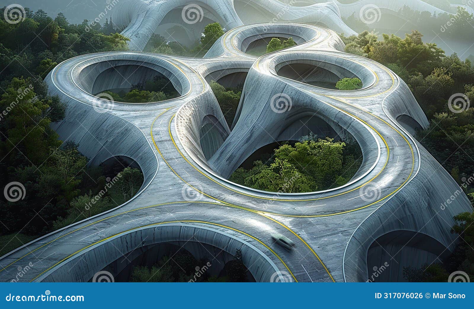 Aerial View of a Multi-level Highway Interchange with Curving Ramps ...