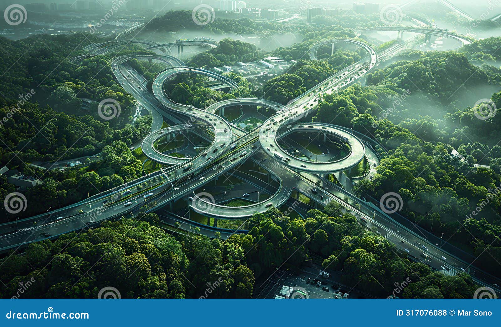 Aerial View of a Multi-level Highway Interchange with Curving Ramps ...