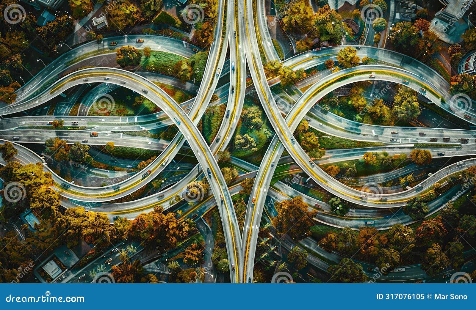 Aerial View of a Multi-level Highway Interchange with Curving Ramps ...