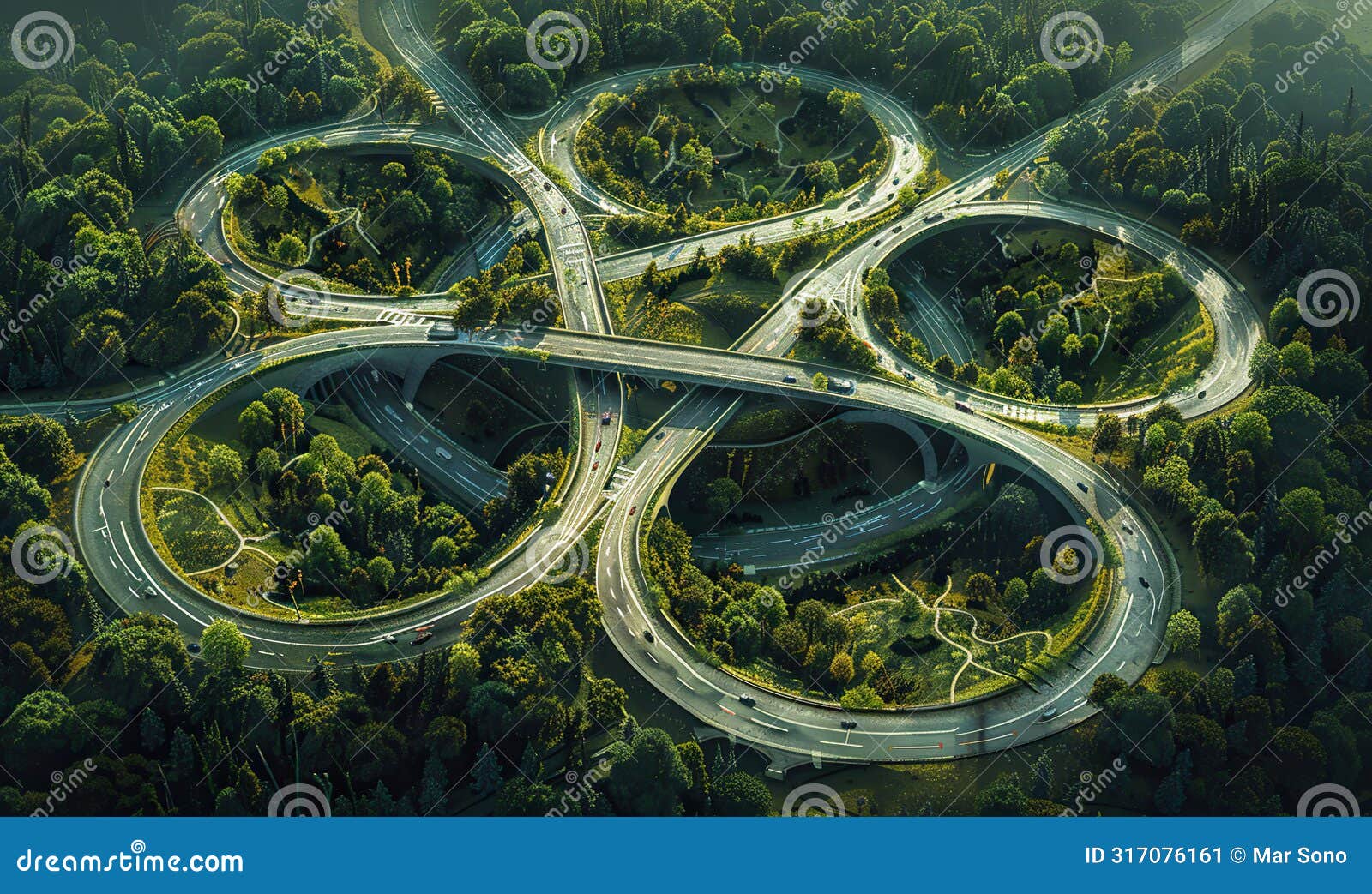 Aerial View of a Multi-level Highway Interchange with Curving Ramps ...