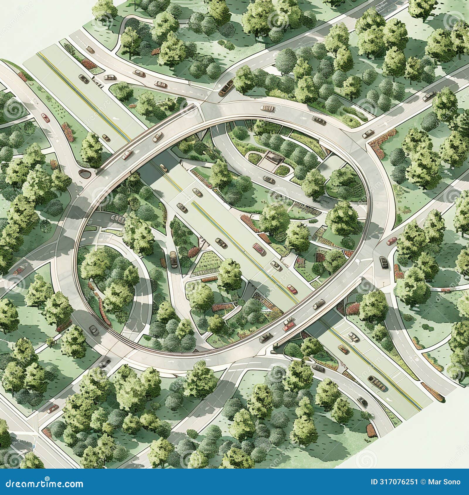 Aerial View of a Multi-level Highway Interchange with Curving Ramps ...