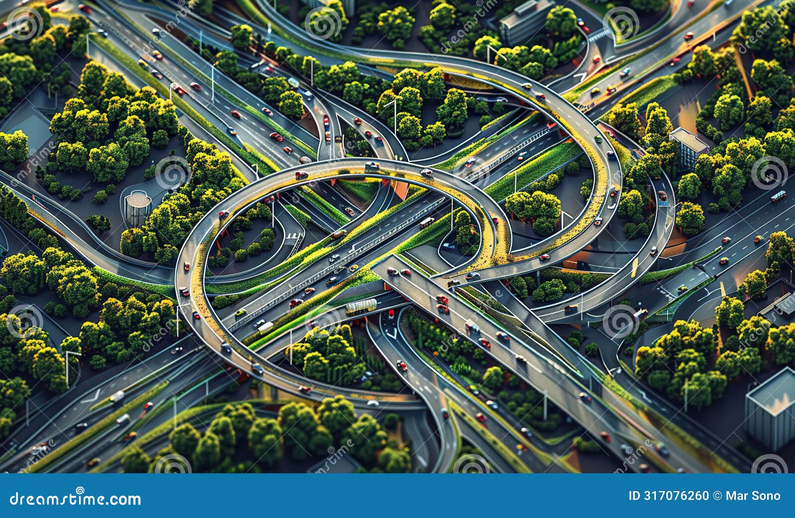 Aerial View of a Multi-level Highway Interchange with Curving Ramps ...