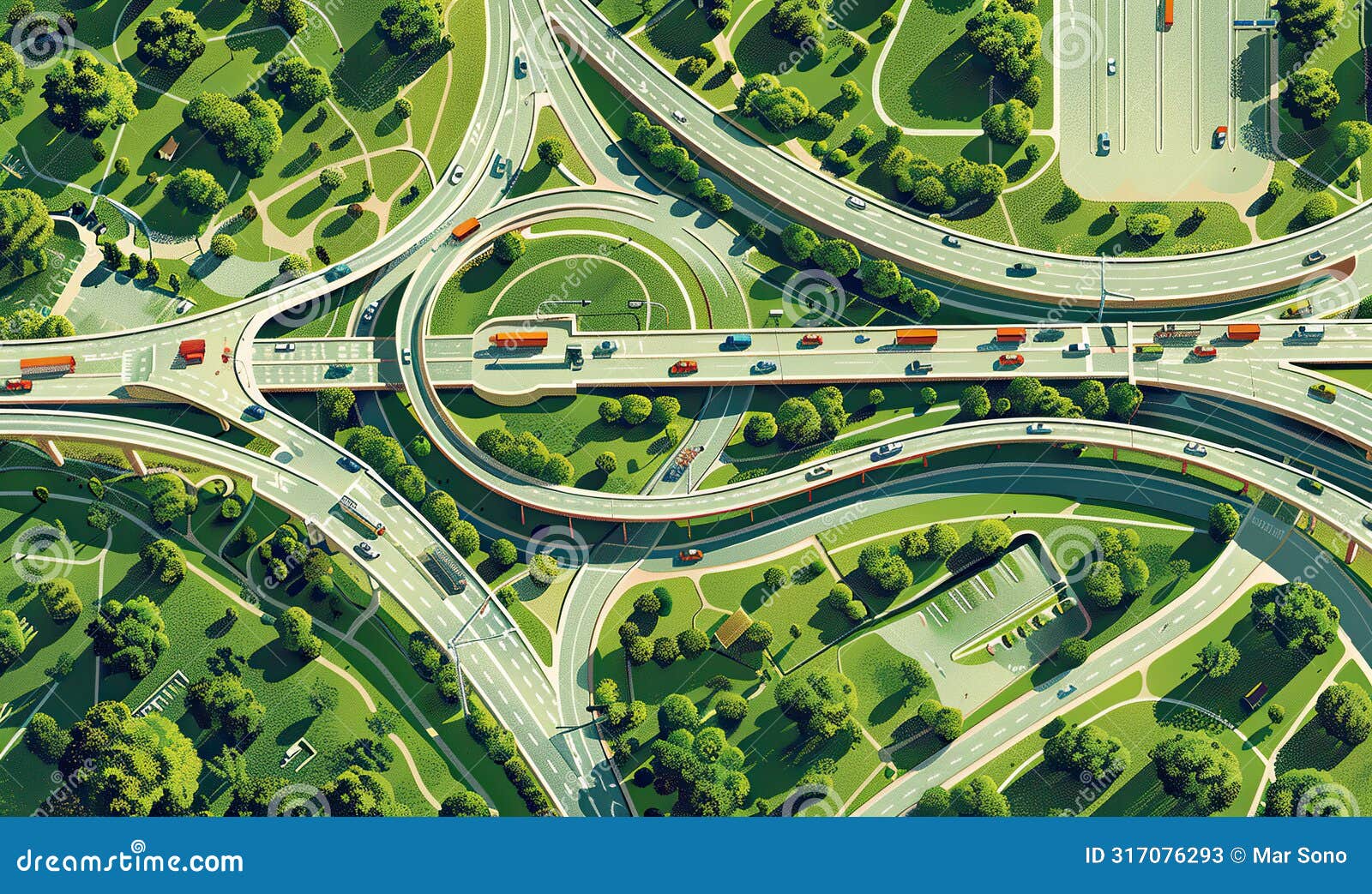 Aerial View of a Multi-level Highway Interchange with Curving Ramps ...