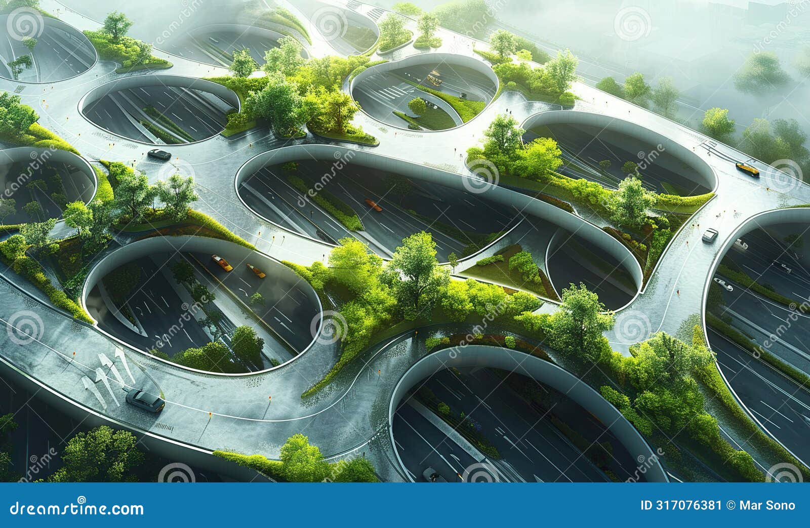 Aerial View of a Multi-level Highway Interchange with Curving Ramps ...