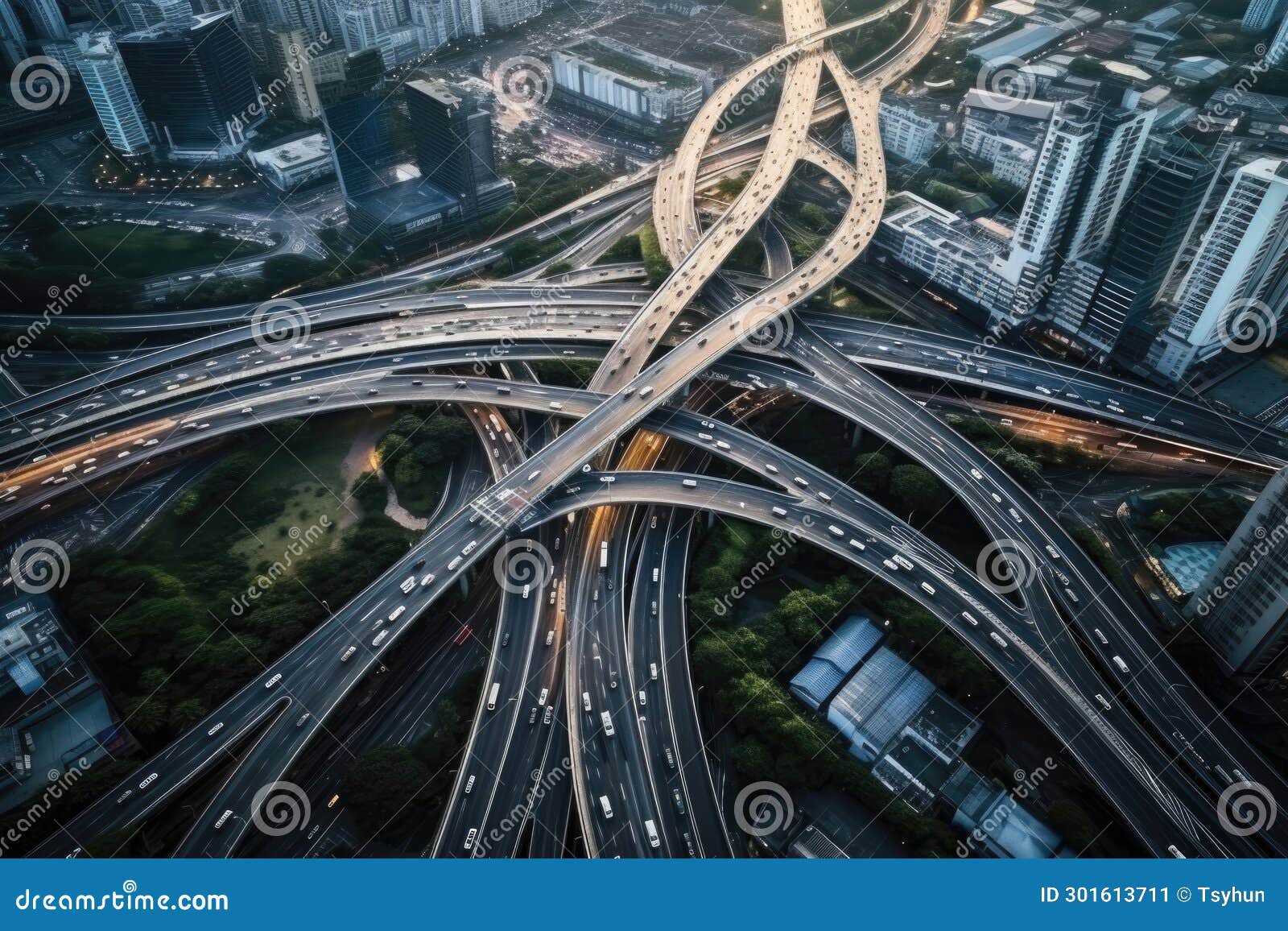 Aerial View Multi-level Road Junctions of City with Skyscrapers, Day ...