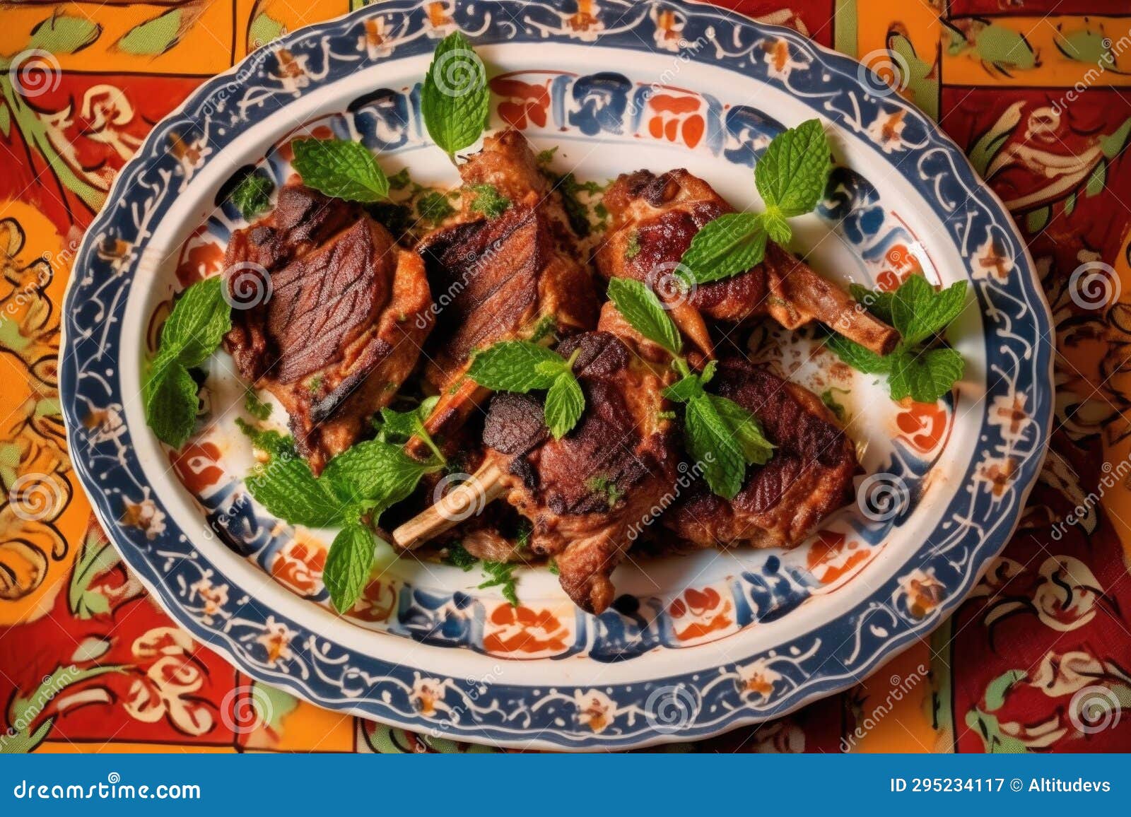 Aerial View of Multiple Grilled Lamb Chops on a Patterned Plate Stock ...