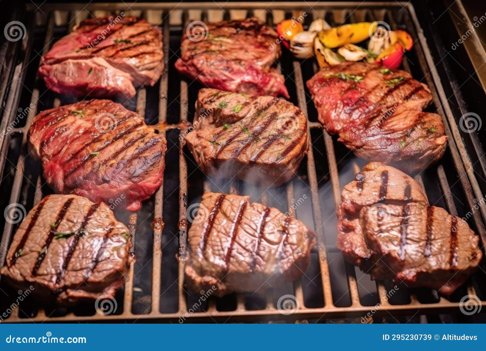Aerial View of Multiple Steaks Cooking Over a Gas Grill Stock Image ...