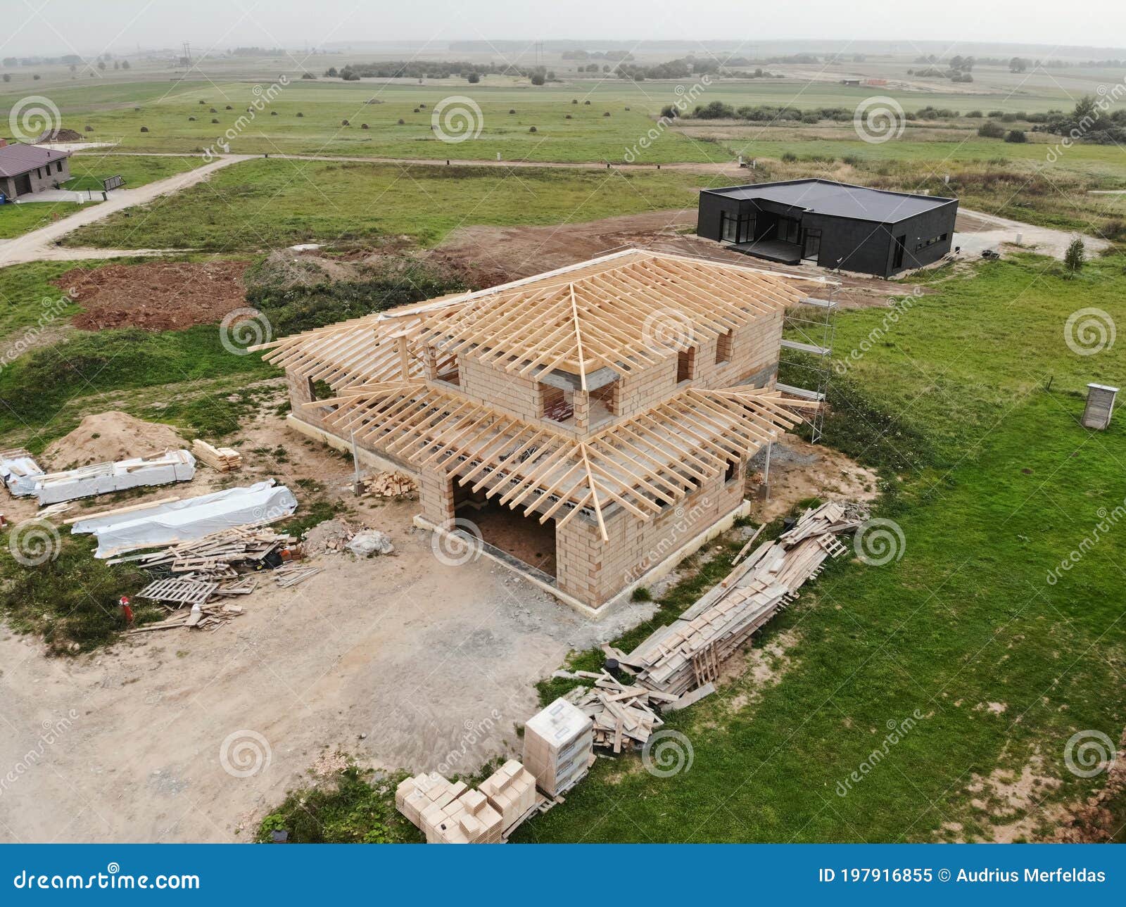 Aerial View of New House Under Construction at Construction Site Stock ...
