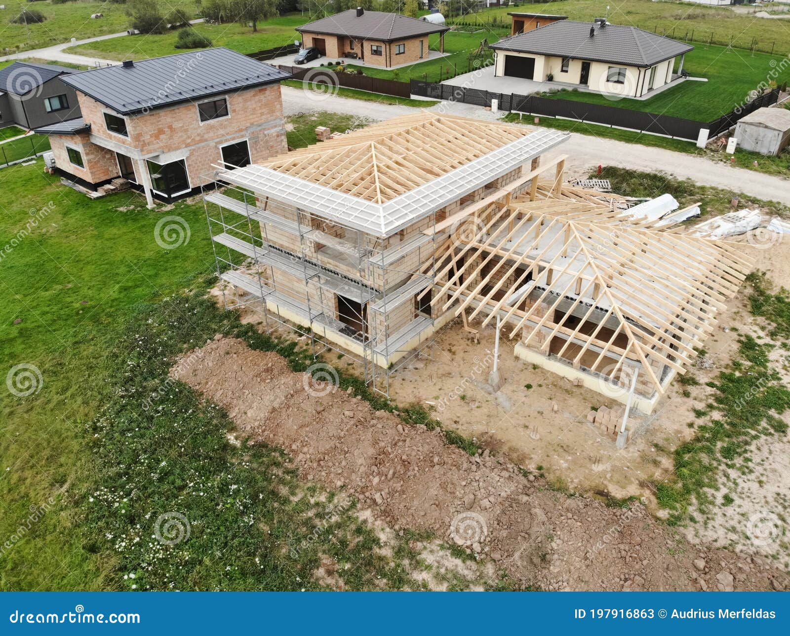 Aerial View of New House Under Construction at Construction Site Stock ...