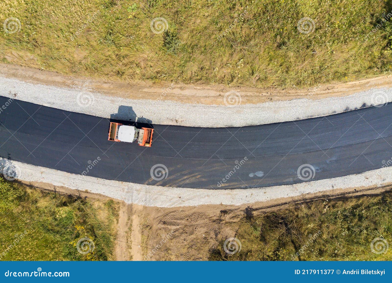 Aerial View of New Road Construction with Steam Roller Machine at Work ...