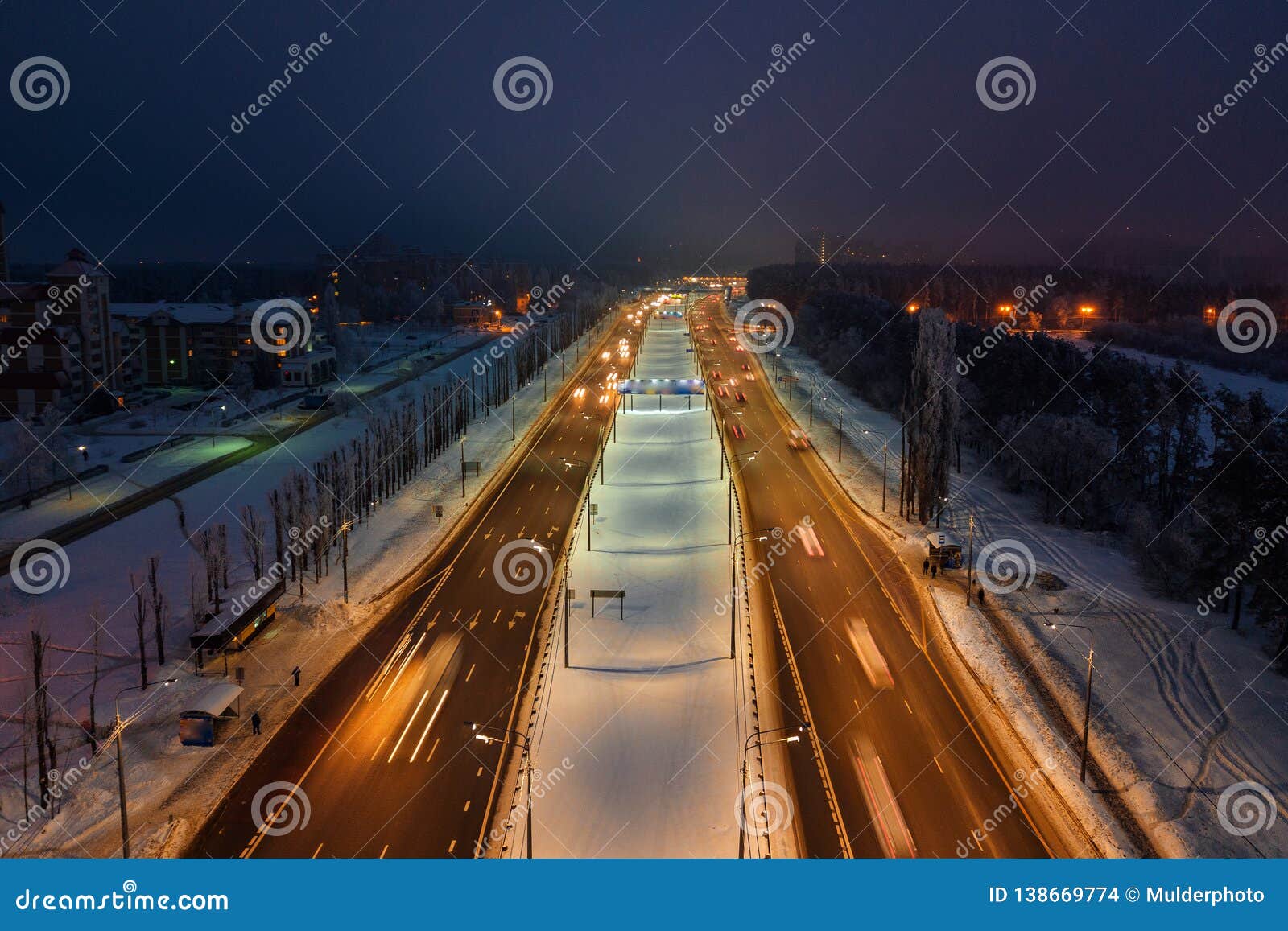 Aerial View of Night Highway in Winter Stock Photo - Image of road ...
