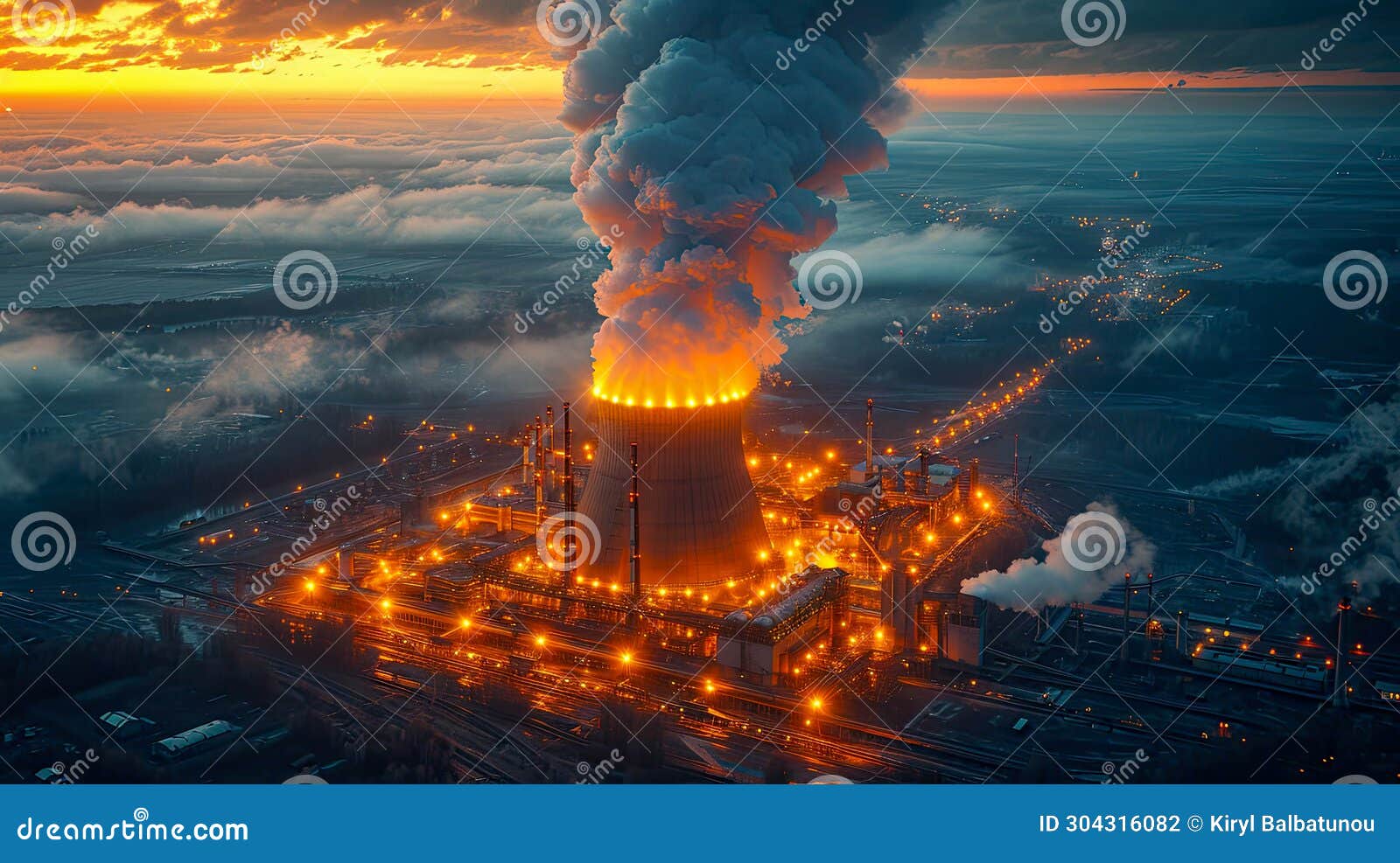 Aerial View of Nuclear Power Plant at Sunset Stock Illustration ...