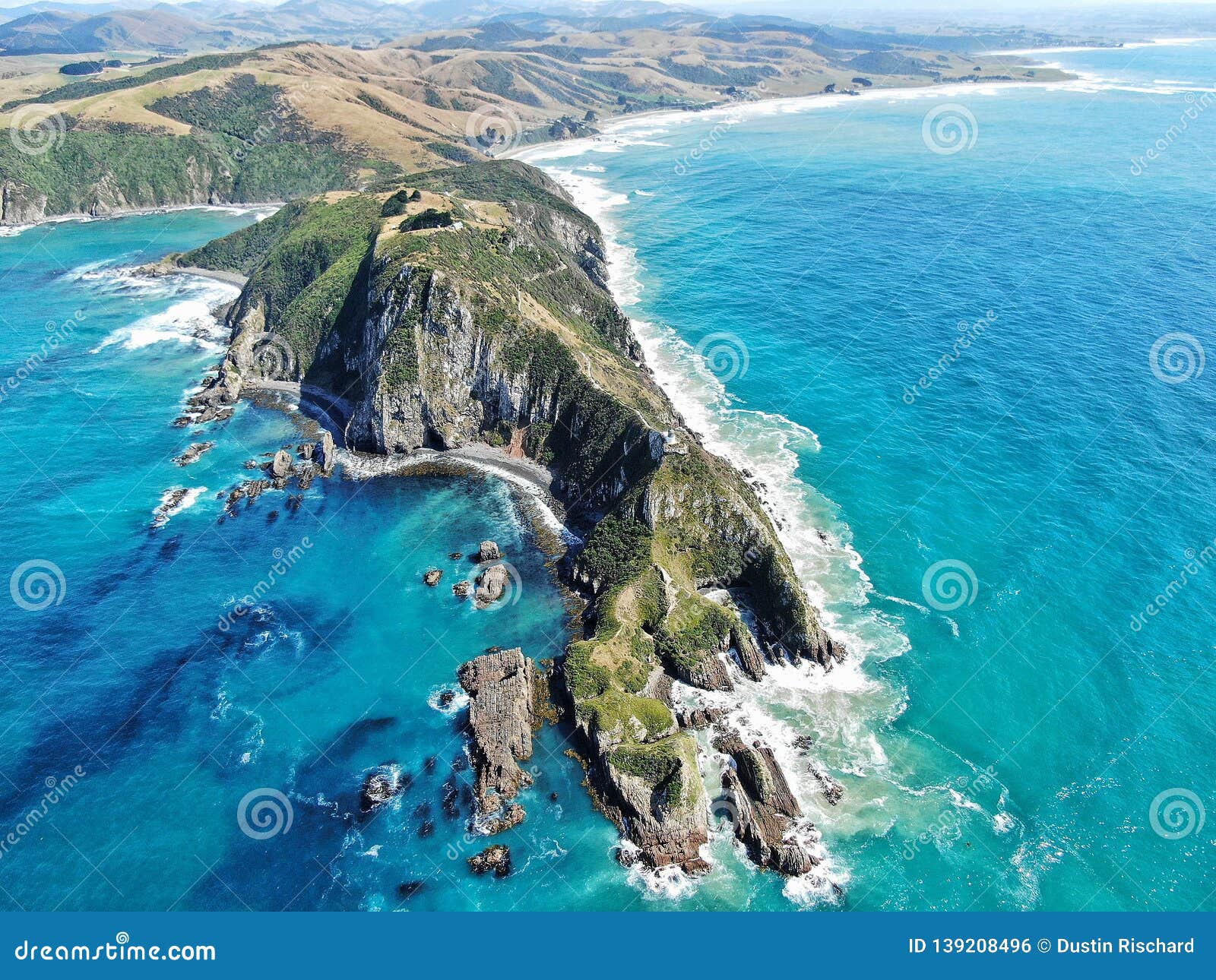 Aerial View of Nugget Point Shore with Lighthouse Stock Photo - Image ...