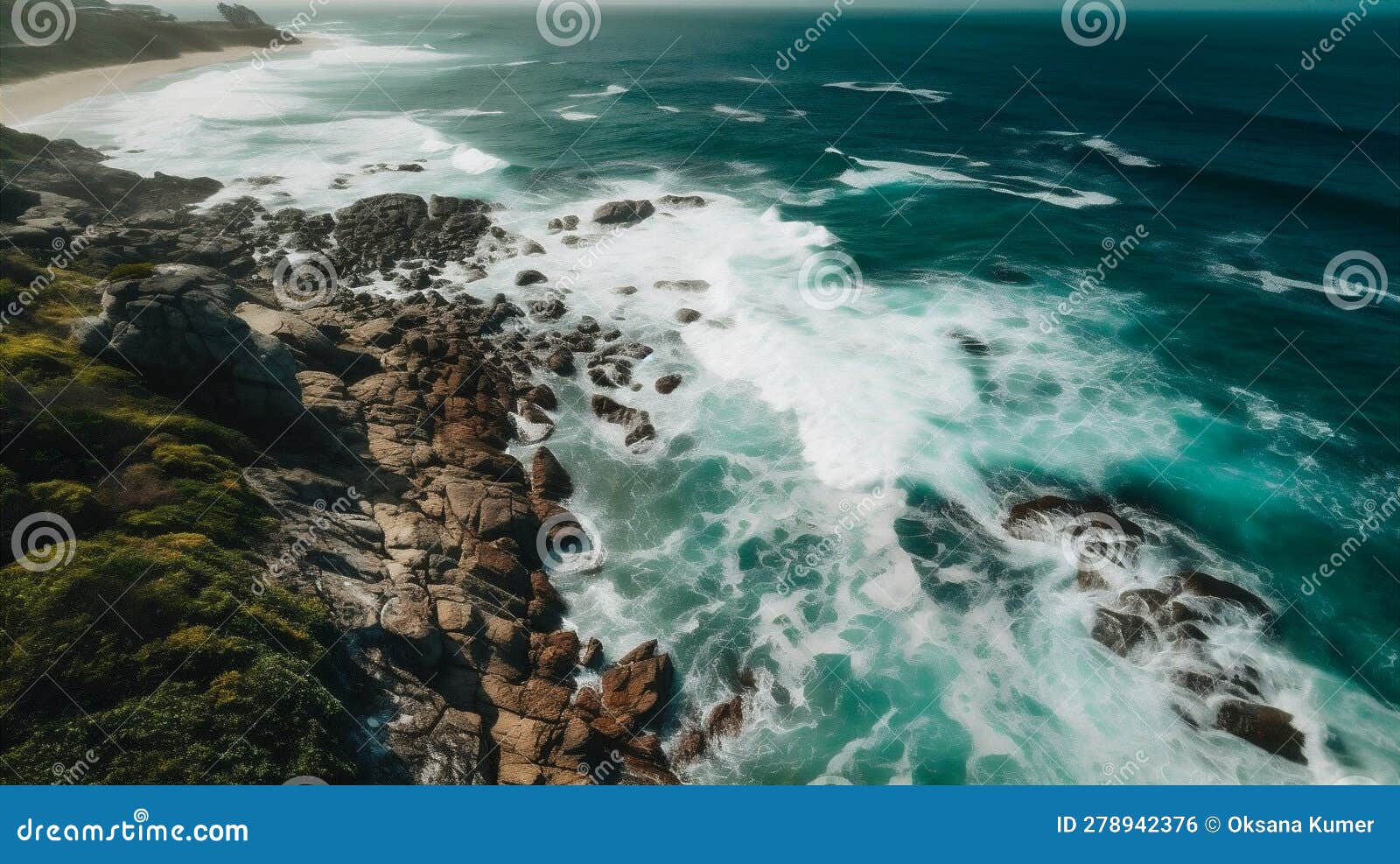 Aerial View of Ocean Coast with Waves Roll Onto Cliffs. AI Generated ...