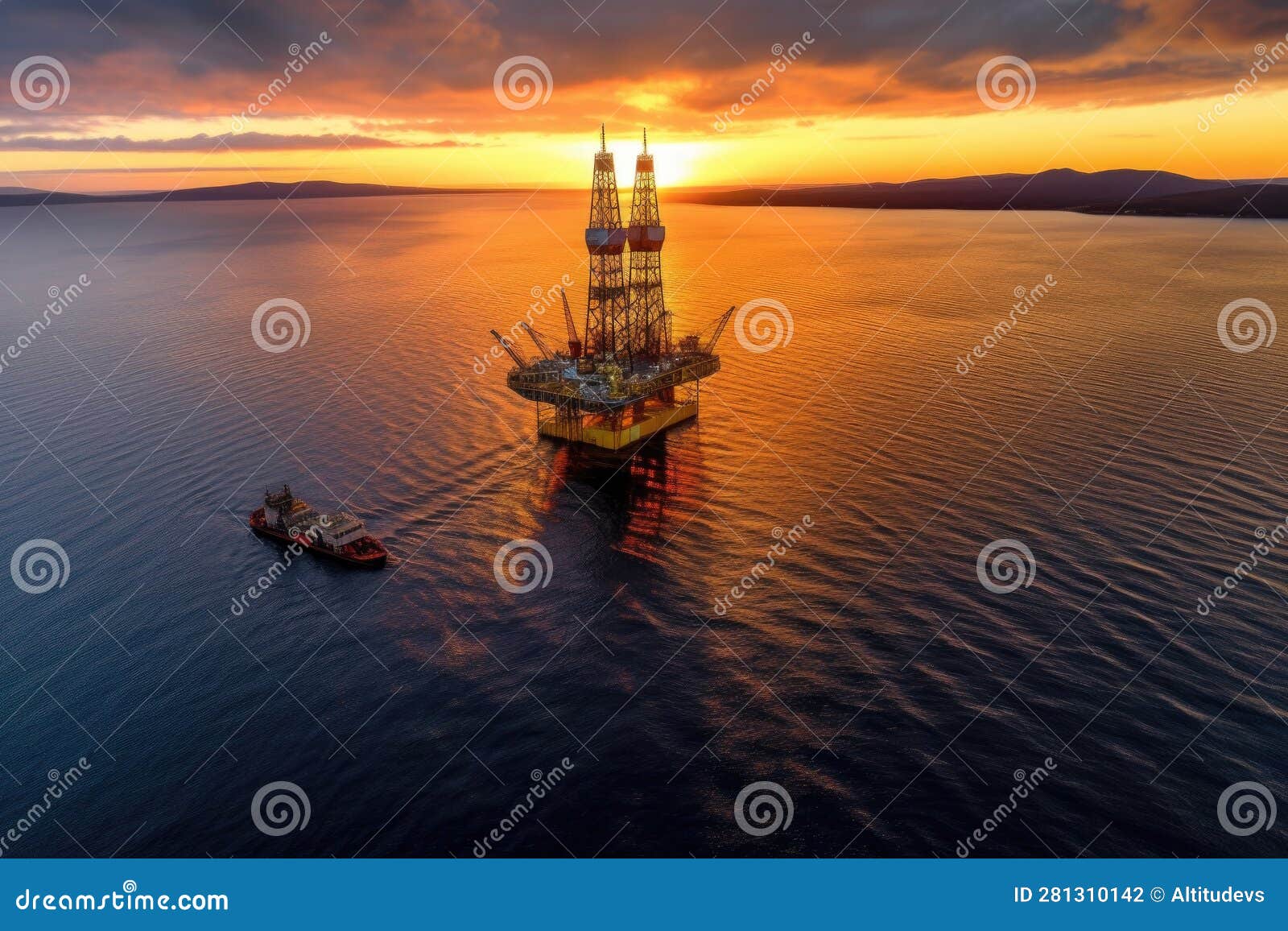 Aerial View of an Offshore Oil Rig at Sunset Stock Illustration ...