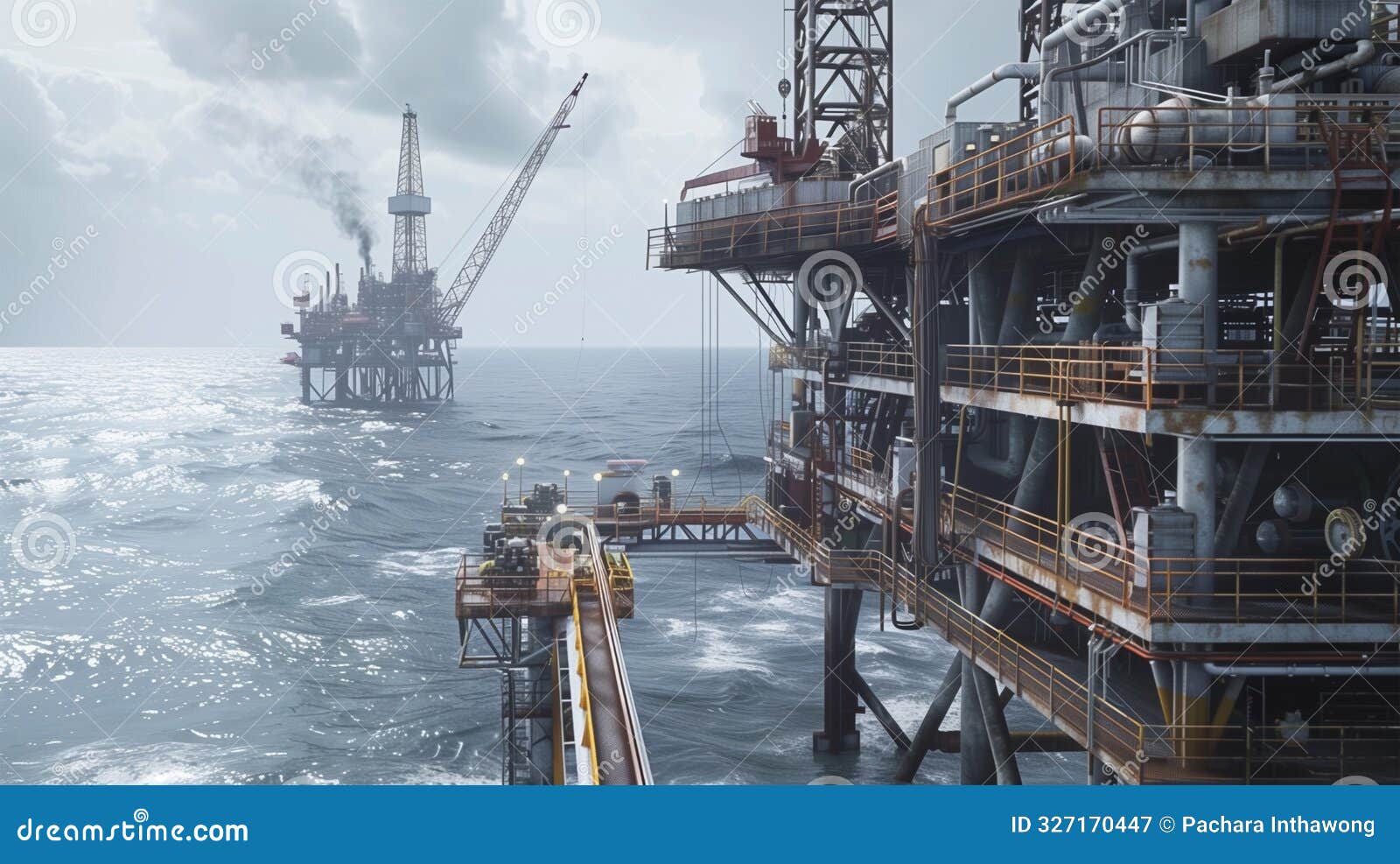 Intense Offshore Oil Rig Operation At Twilight. Concept Offshore Safety ...