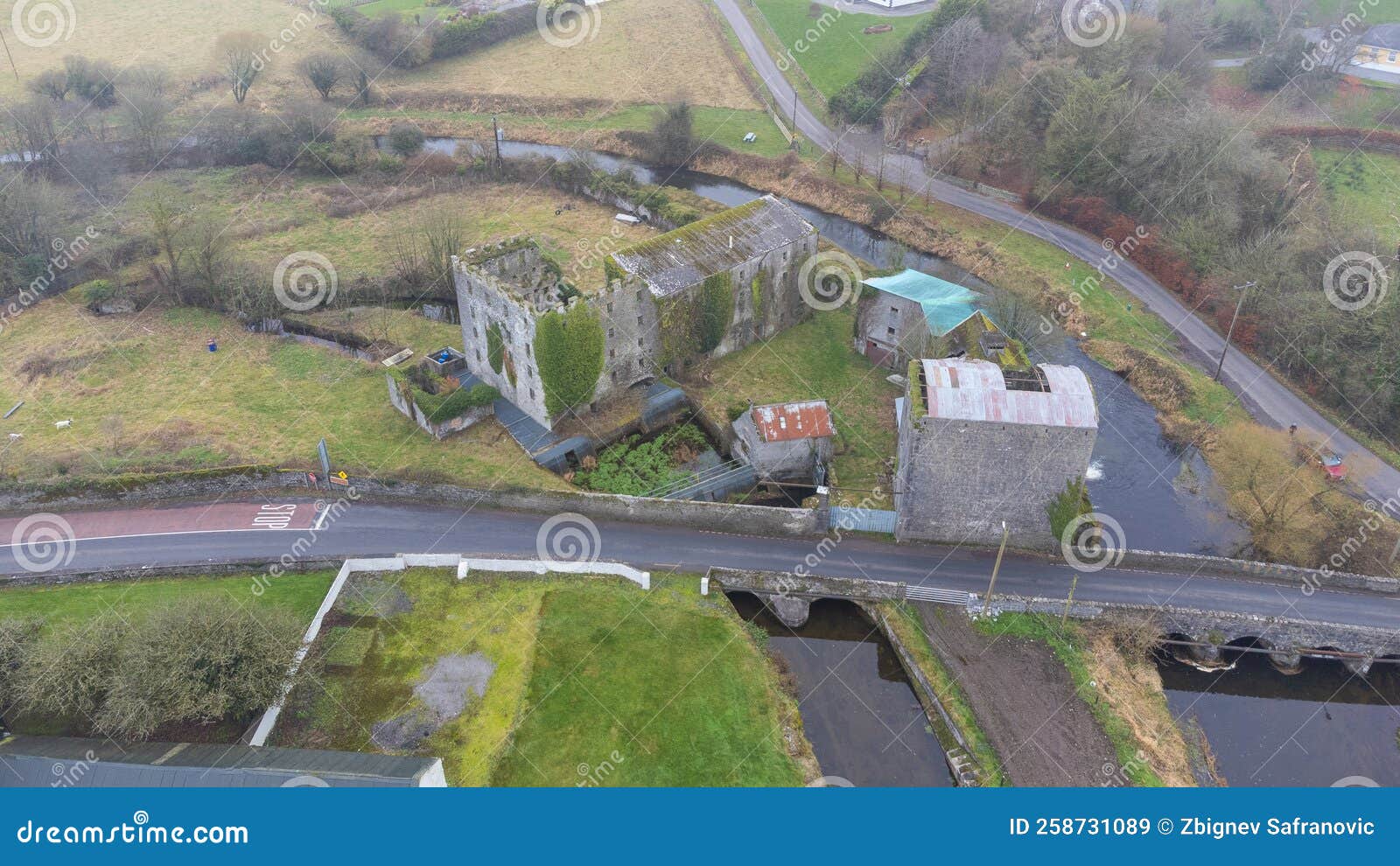 Aerial View of an Old Farm with River and Road. Stock Image - Image of ...