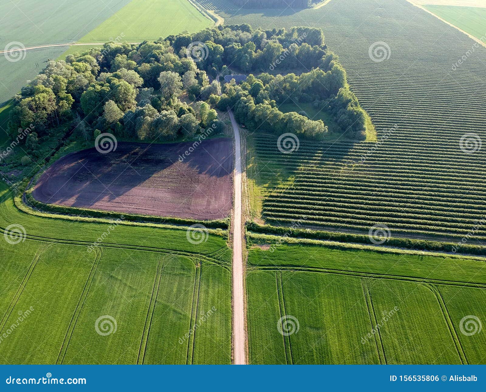 Aerial View of Old Homestead on Farmland Fields in Spring Stock Photo ...