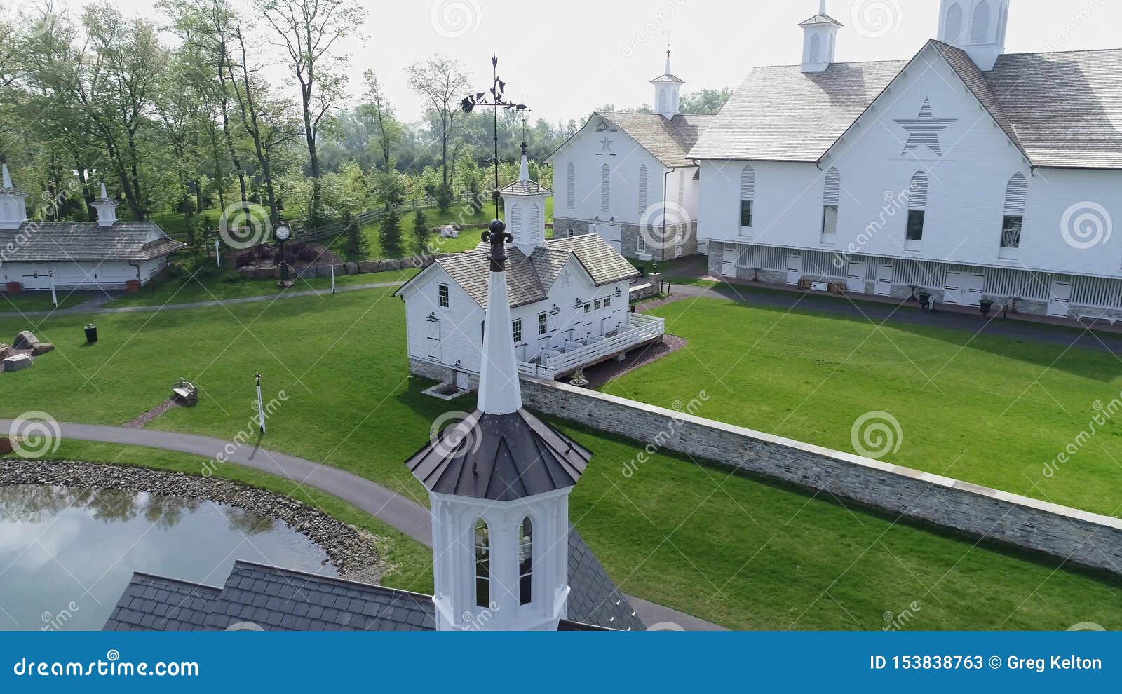 Aerial View of Old Restored Barns by a Pond on a Spring Day Stock Image ...