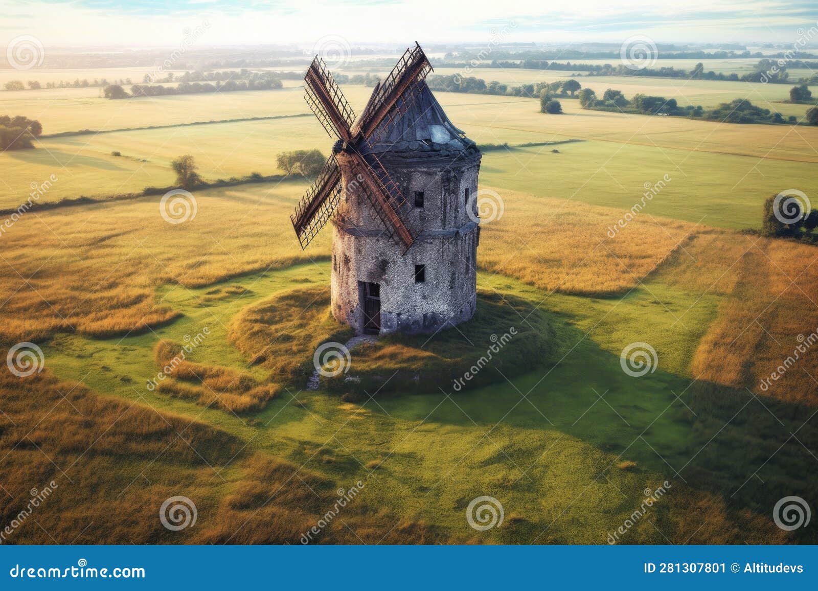 Aerial View of an Old Windmill in a Vast Field Stock Illustration ...