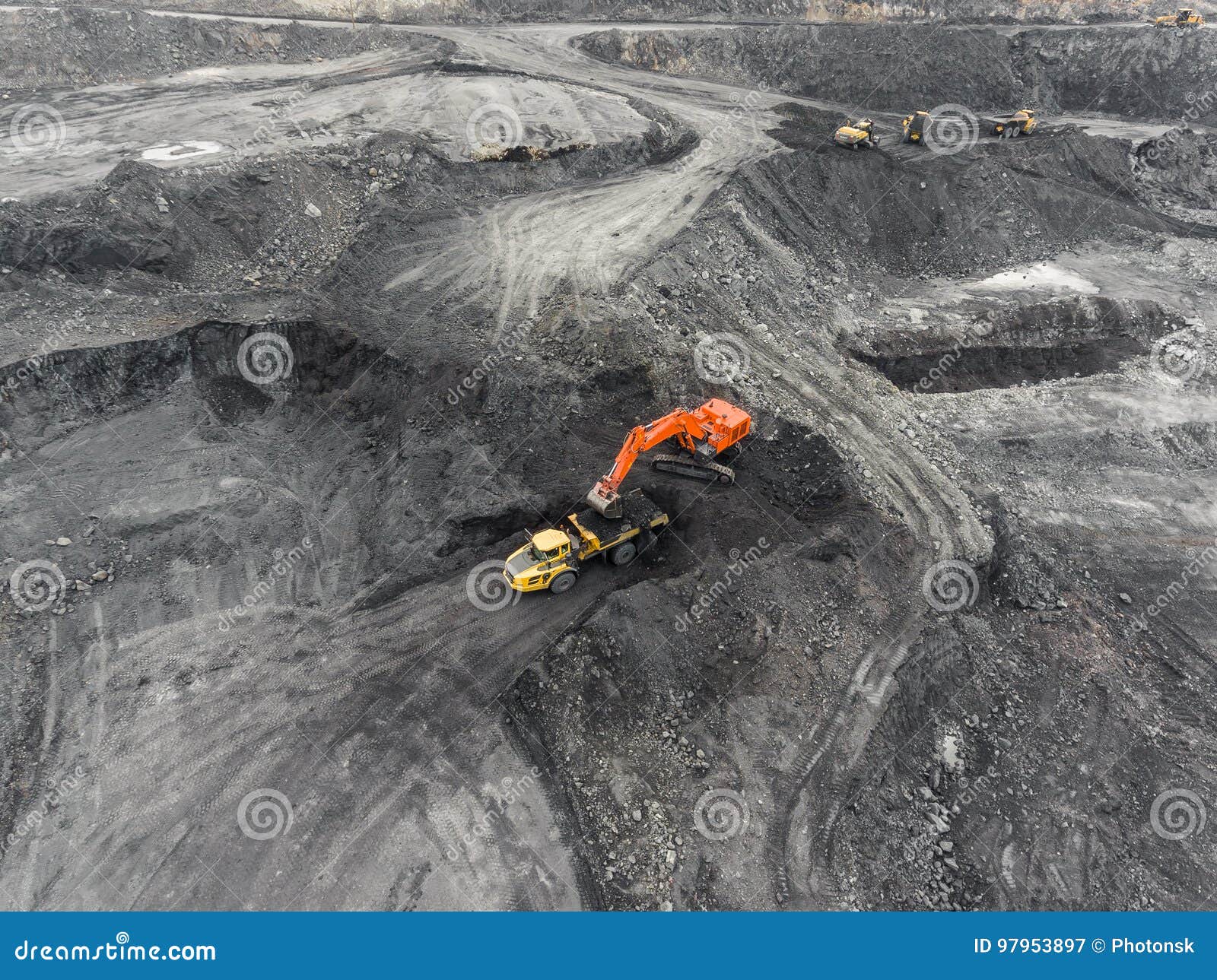 Aerial View Open Pit Mine, Loading of Rock, Mining Coal, Extractive ...
