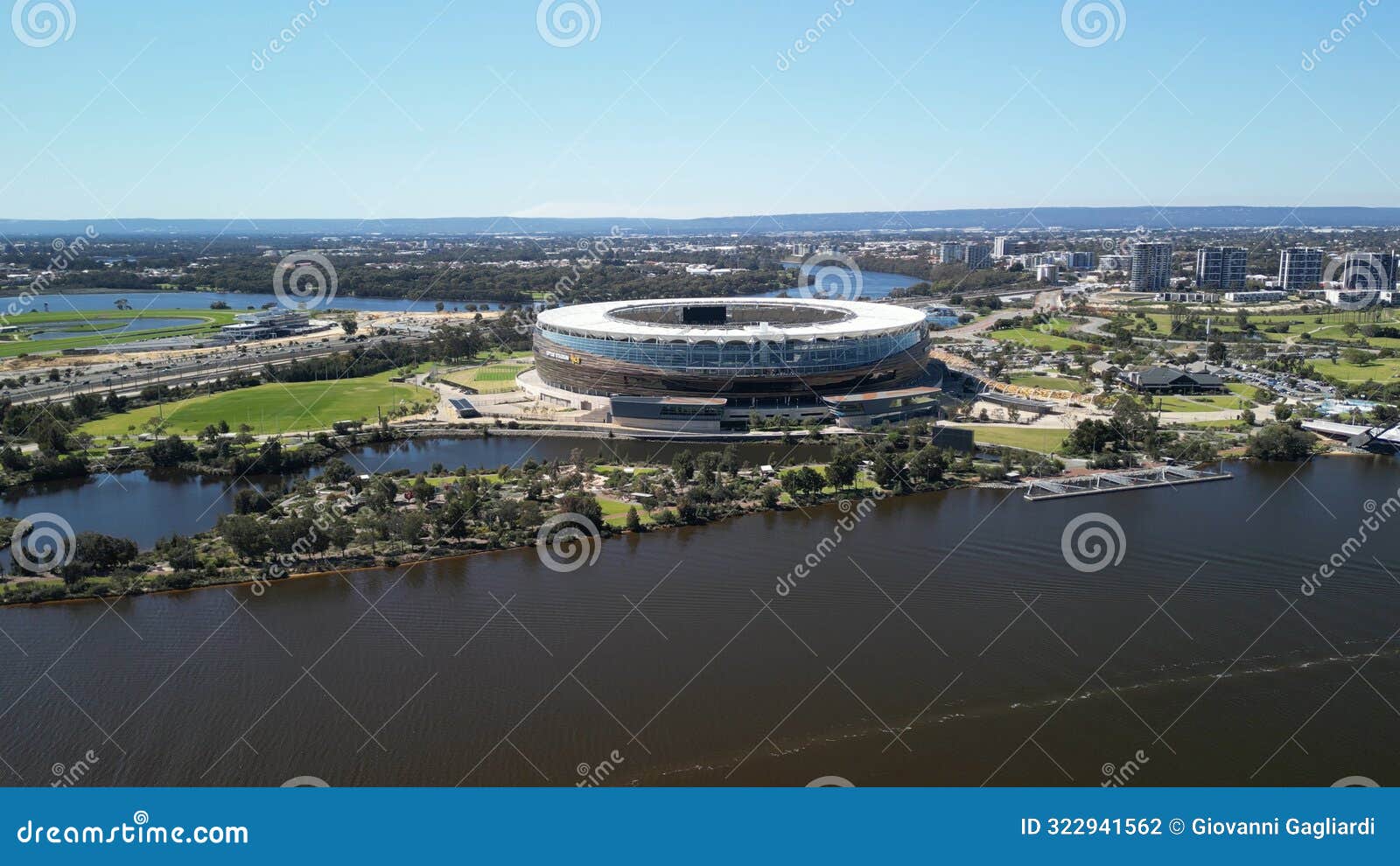Aerial View of Optus Stadium and Swan River in Perth Stock Photo ...